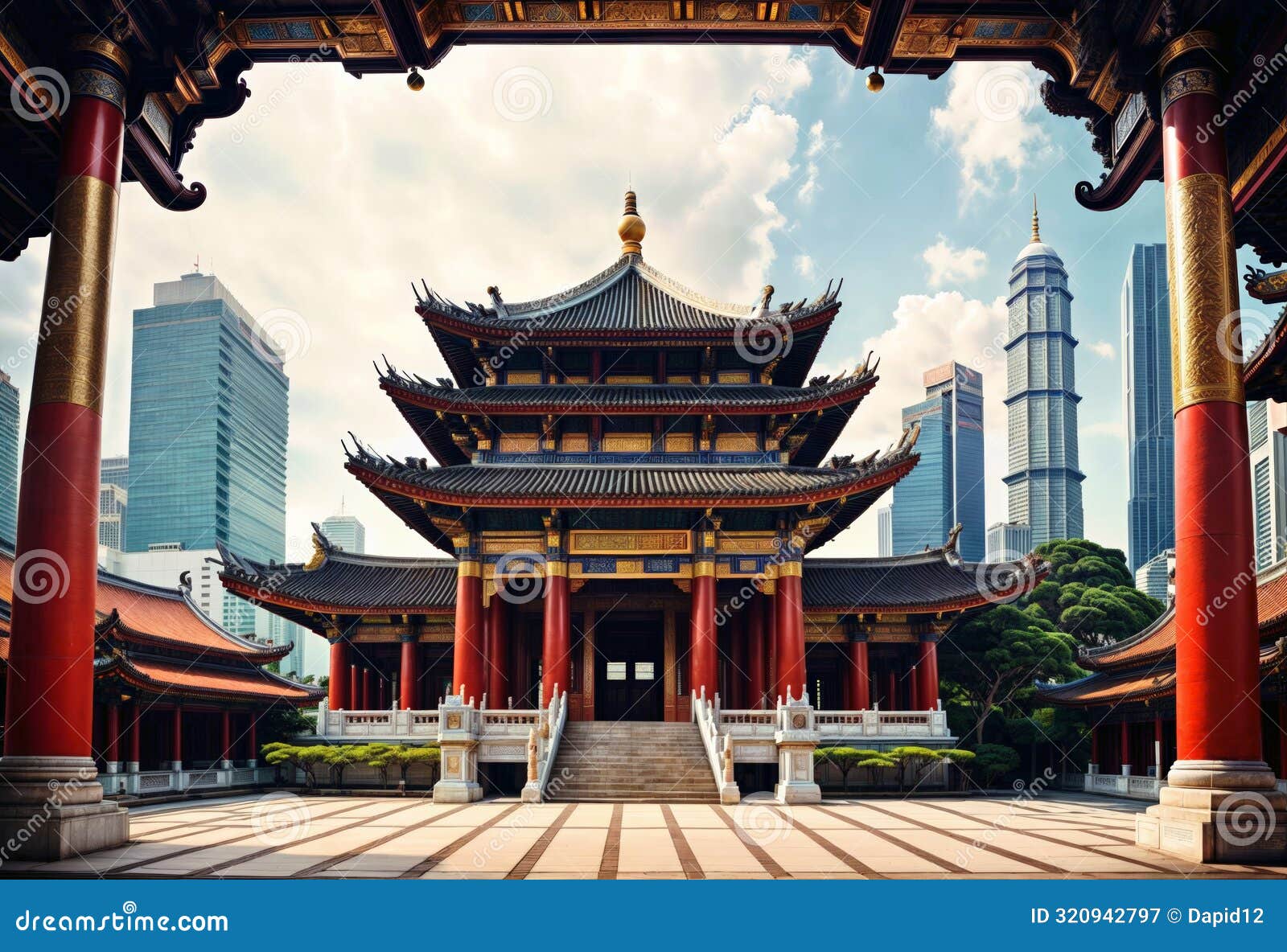 A Chinese Temple With Tall Columns And A Tall Building In The ...