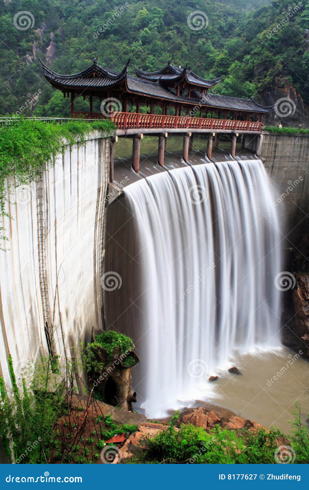 Chinese Temple with Waterfall Stock Image - Image of mountain, asia ...