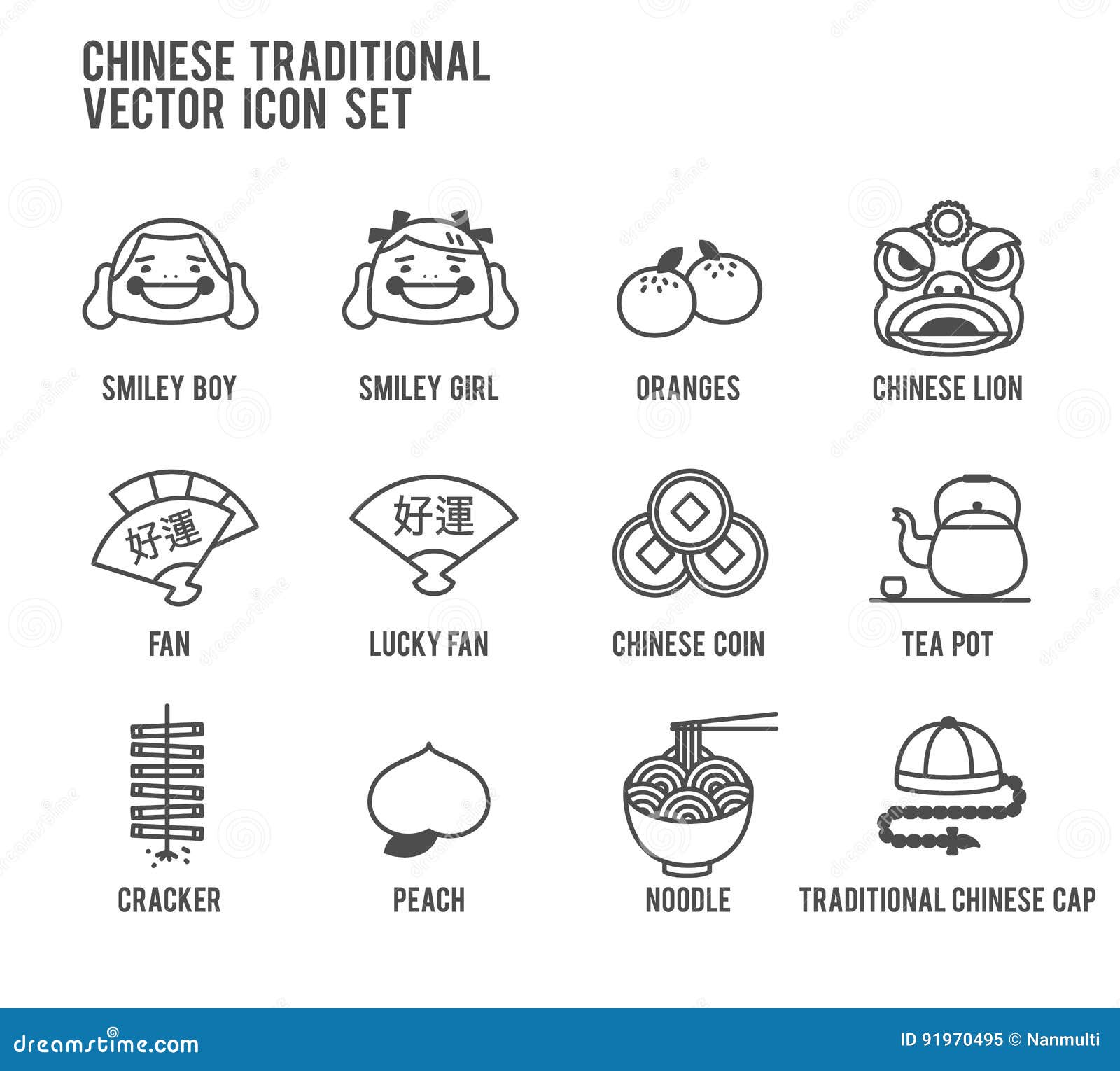 Chinese Traditional Icon Vector Set. Including Noodle, Smiley Boy, Lion ...
