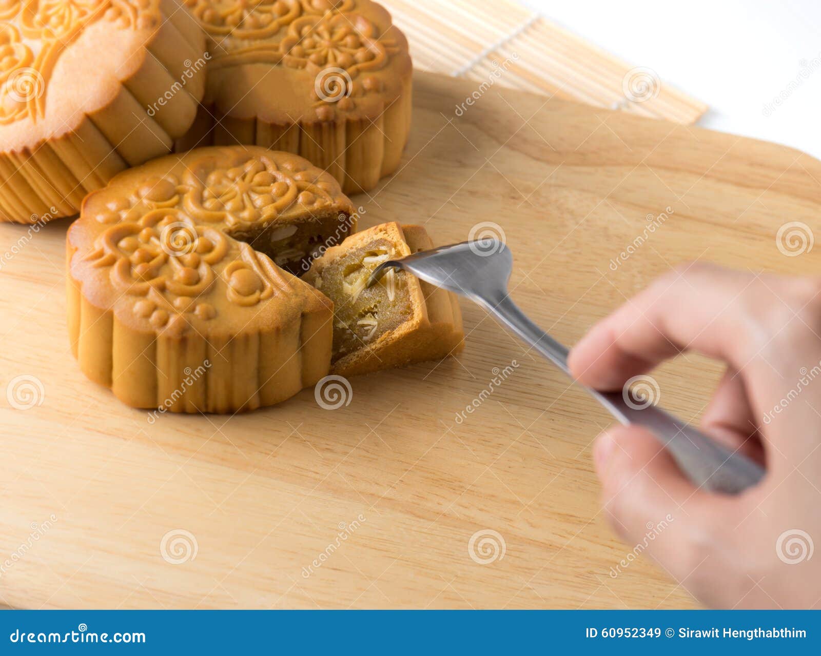Chinese Traditional Mooncake , Hand and Fork Stock Image - Image of ...