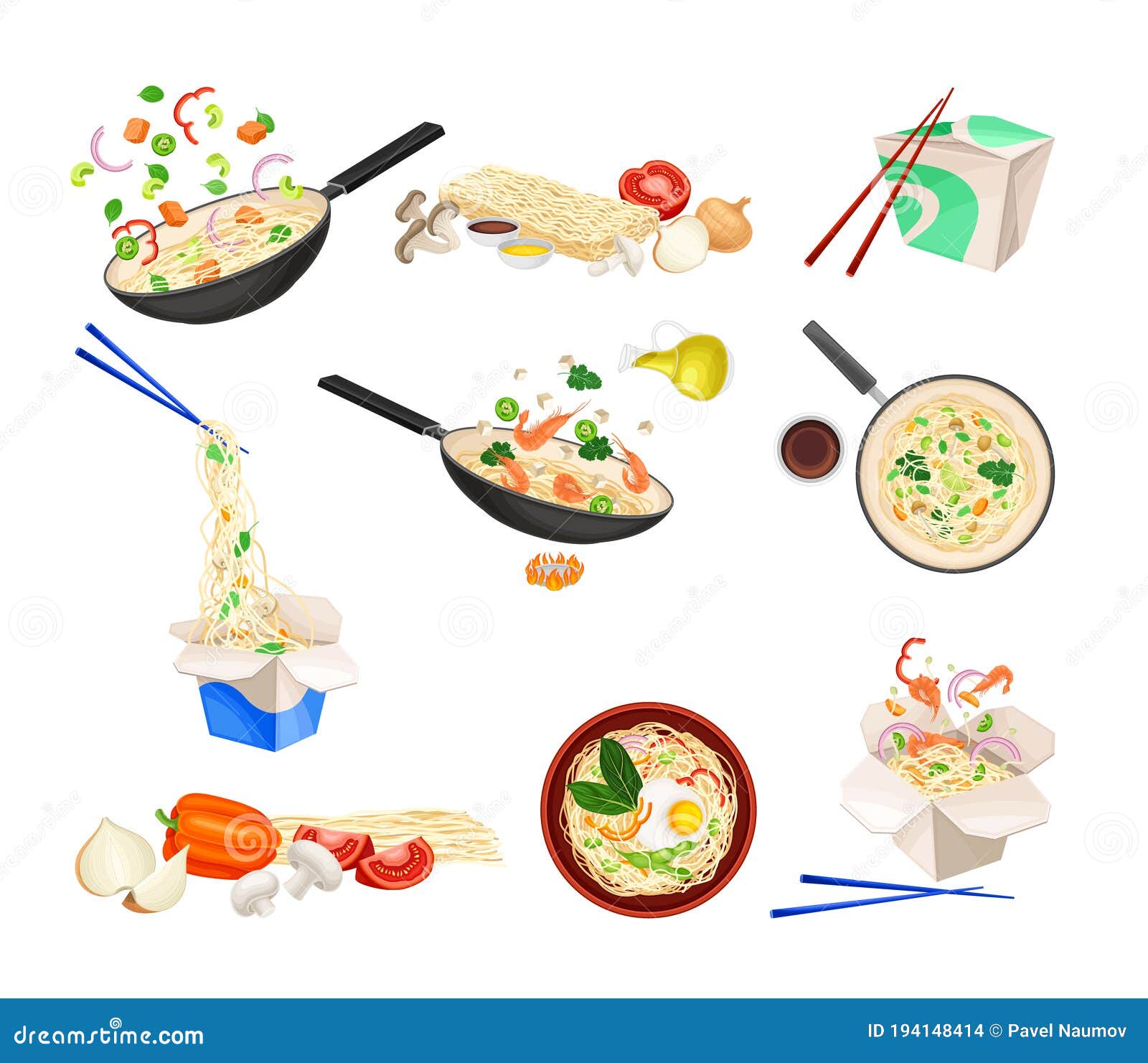 Stir Fry Vector Illustration Flipping Asian Noodles With Vegetables In