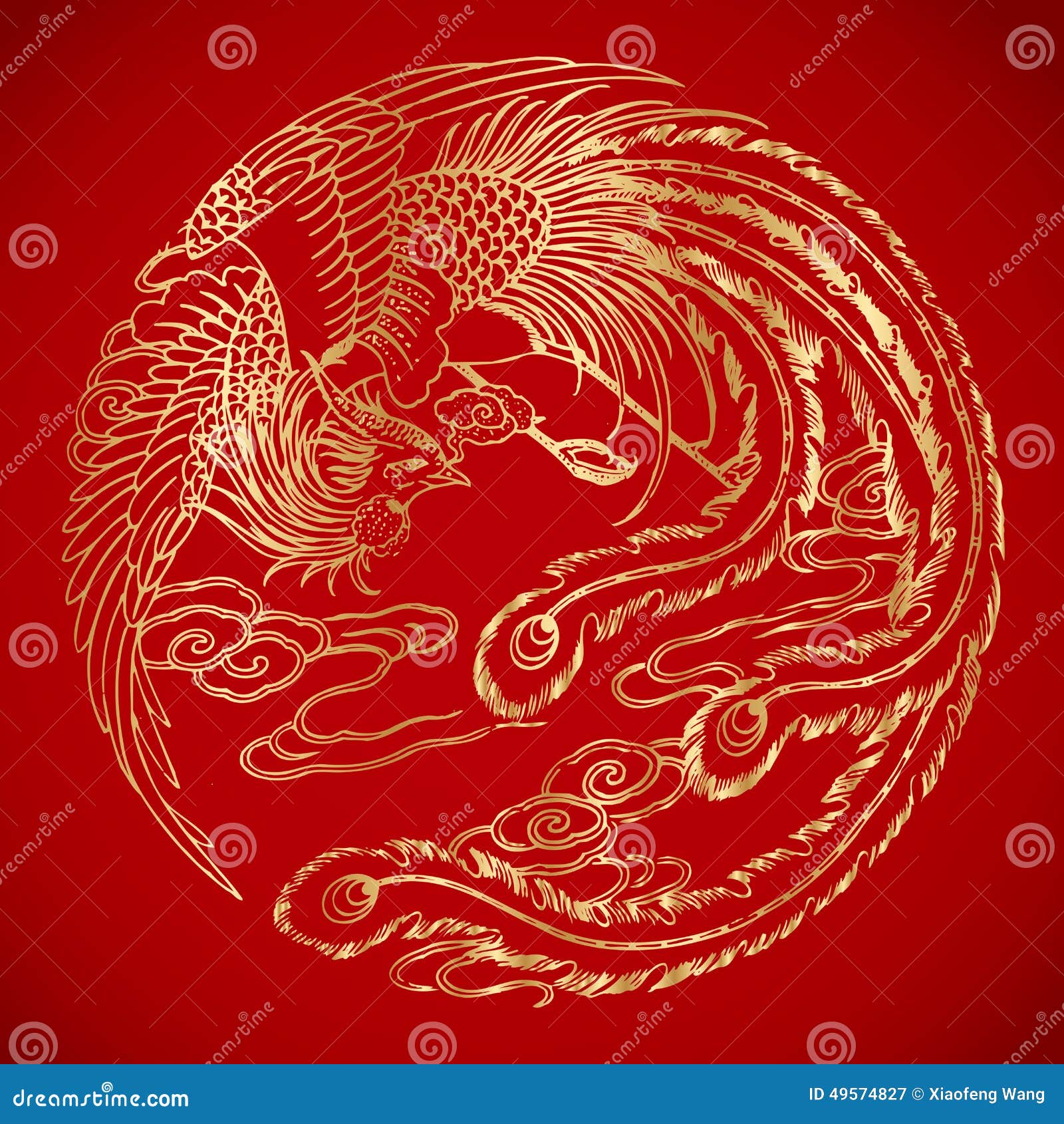 Chinese Vintage Phoenix Elements on Classic Red Background Stock Vector ...