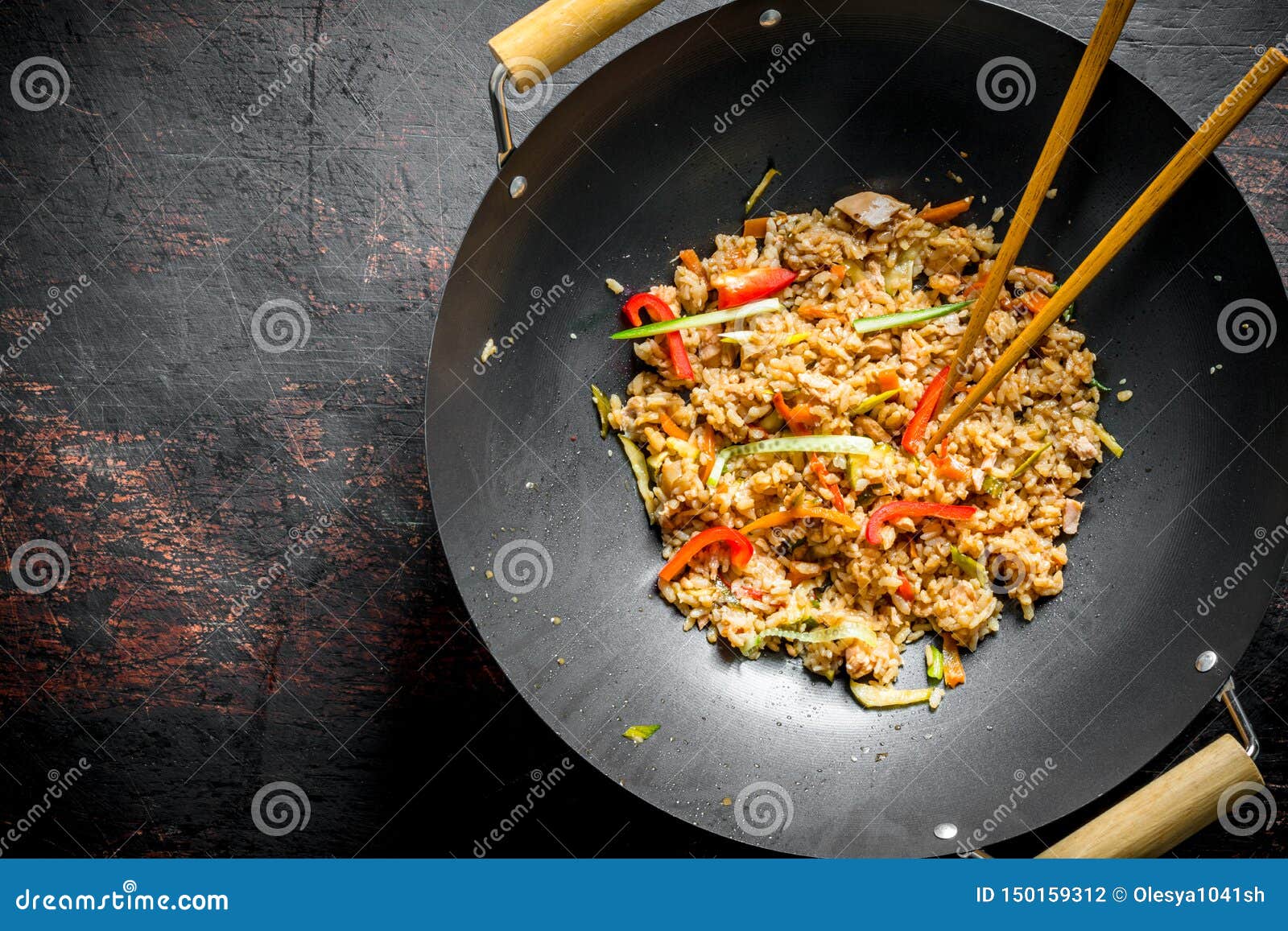 Chinese Wok. Rice with Vegetables and Beef Stock Photo - Image of ...