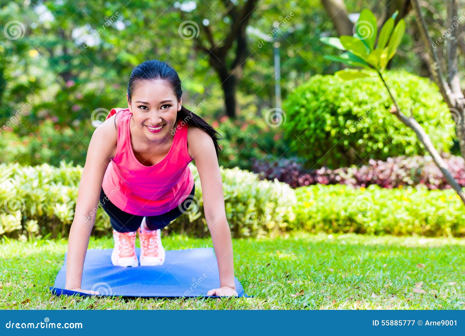Chinese Woman Doing Push-ups in Park Stock Image - Image of healthy ...