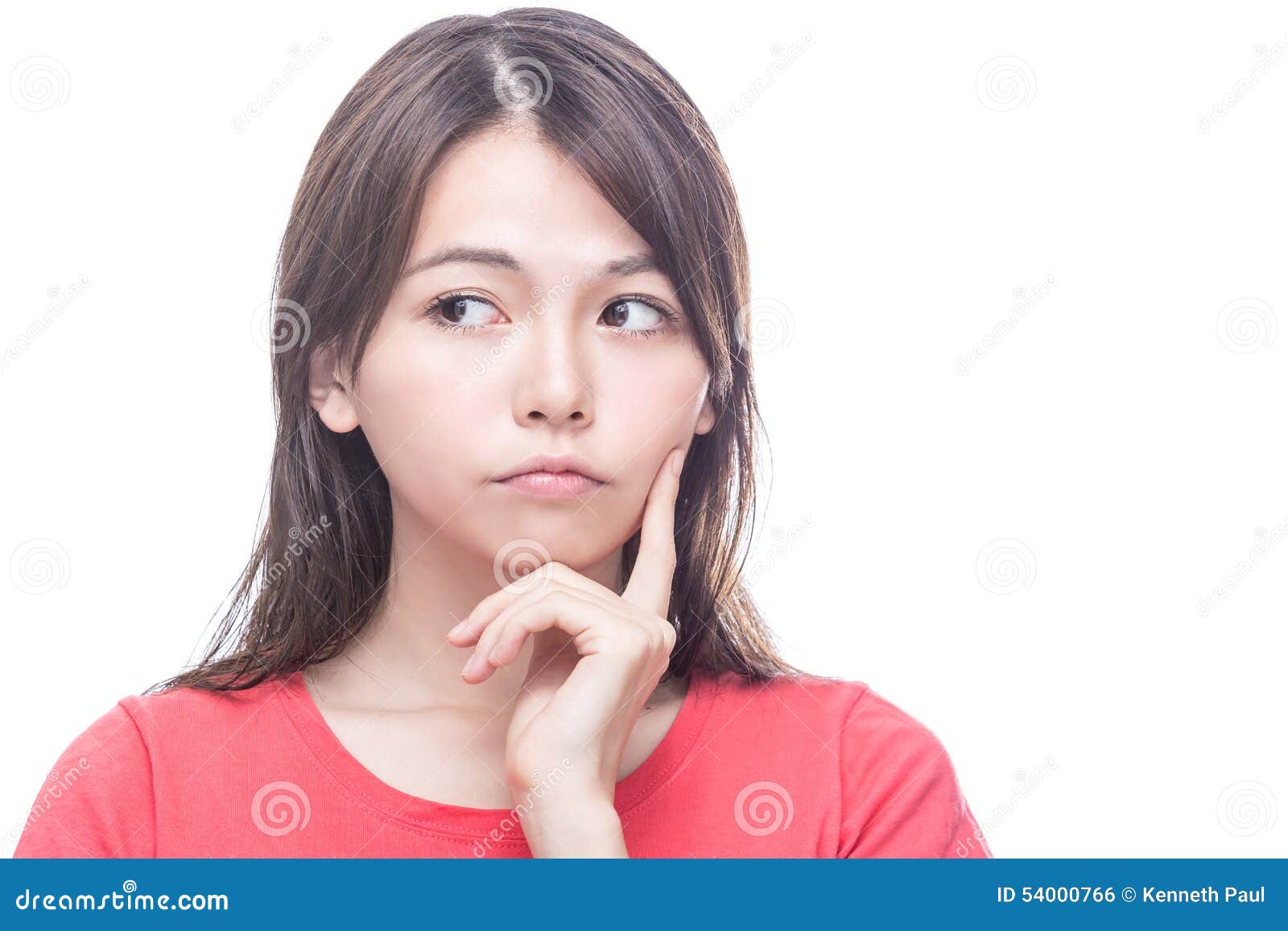 Chinese Woman with Hand on Face, Thinking Stock Photo - Image of hair ...