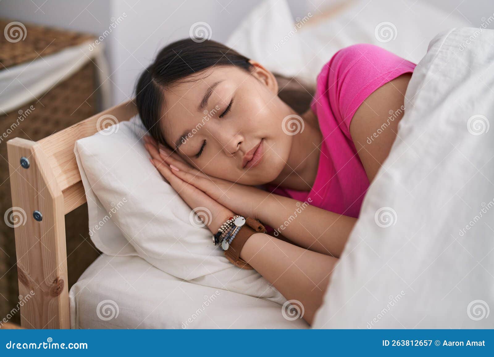 Chinese Woman Lying on Bed Sleeping at Bedroom Stock Image - Image of ...