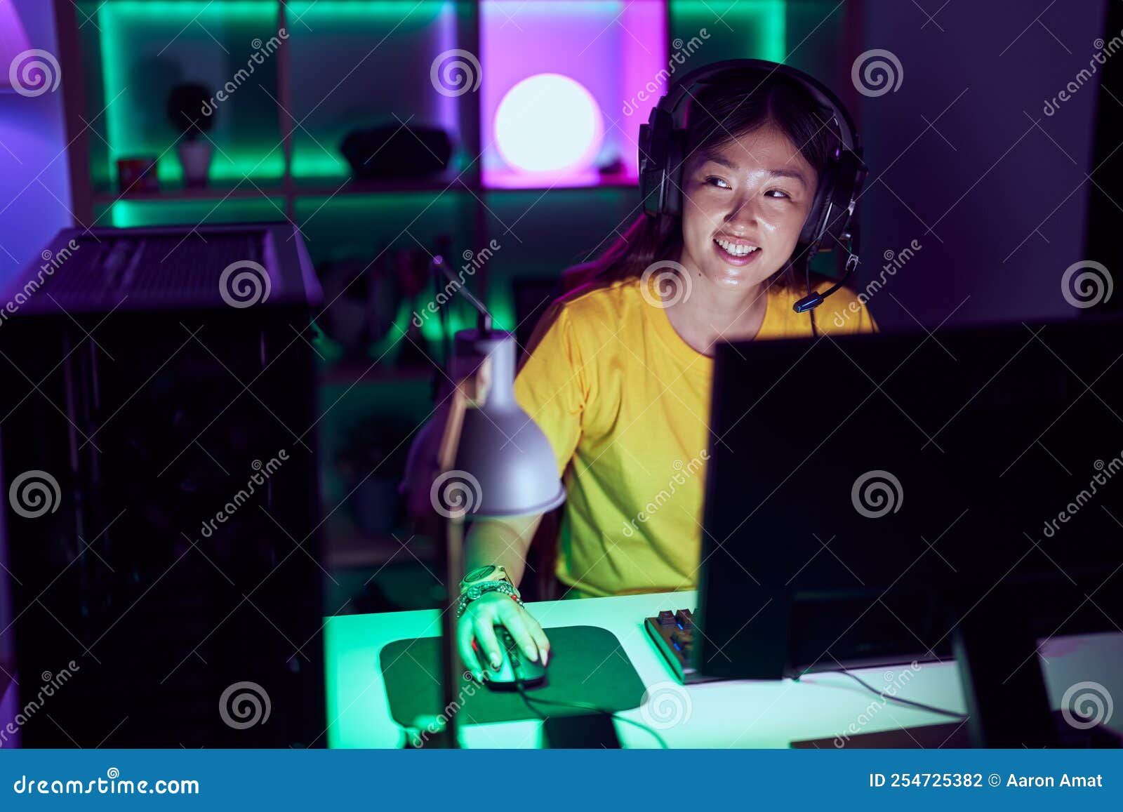 Chinese Woman Streamer Smiling Confident Using Computer at Gaming Room ...