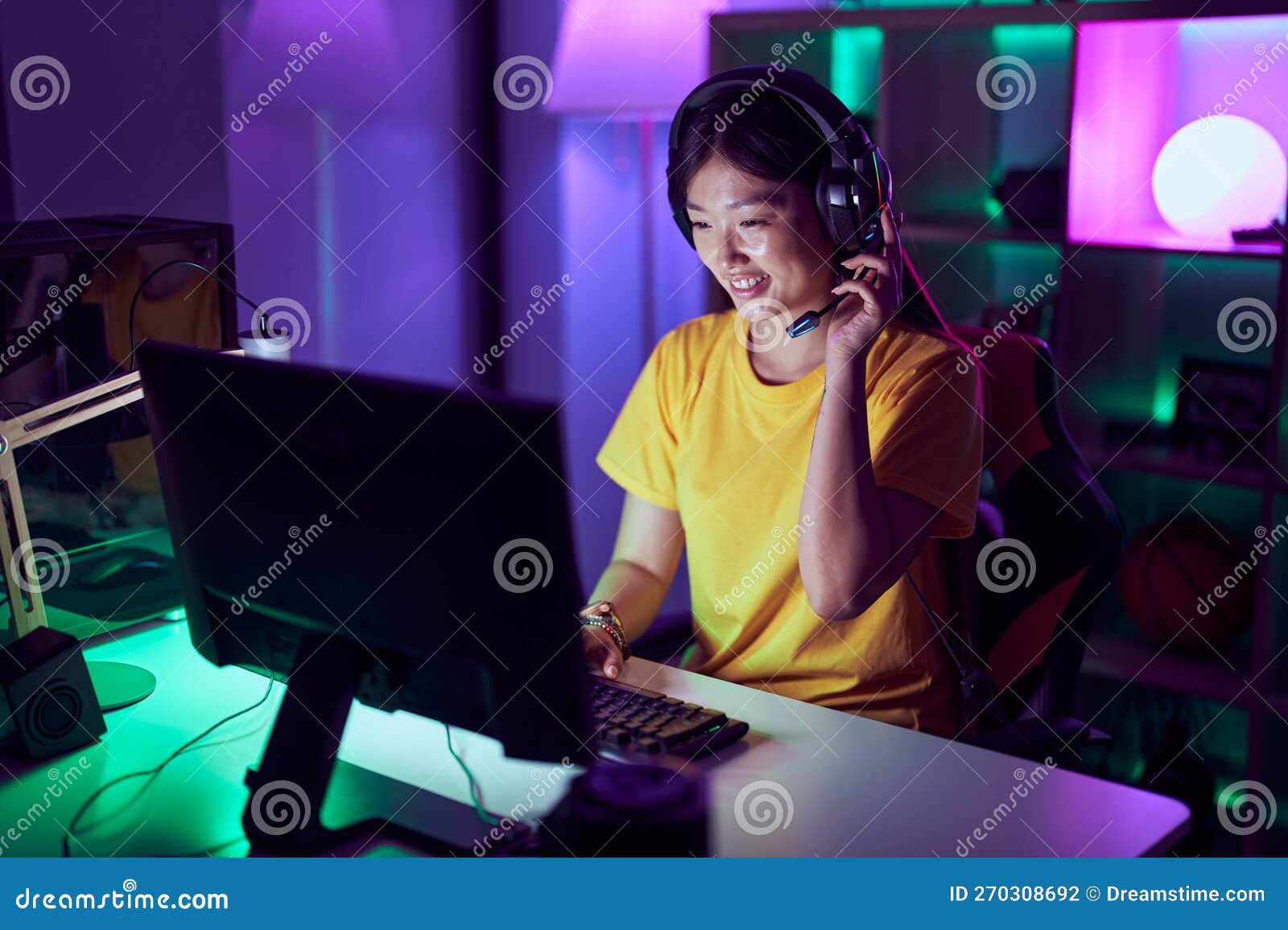 Chinese Woman Streamer Smiling Confident Using Computer at Gaming Room ...