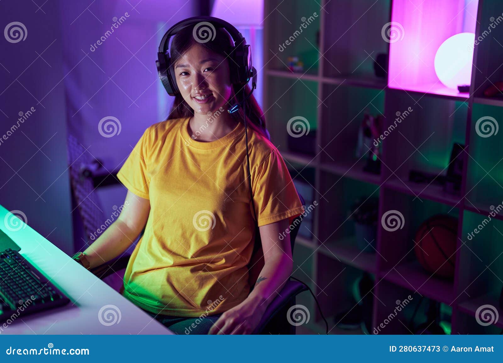 Chinese Woman Streamer Smiling Confident Using Computer at Gaming Room ...