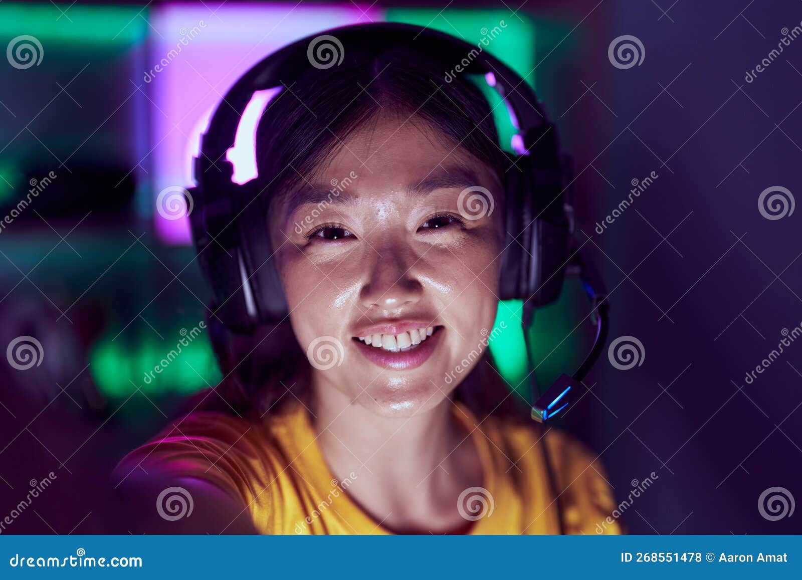 Chinese Woman Streamer Using Headset Make Selfie by Camera at Gaming ...