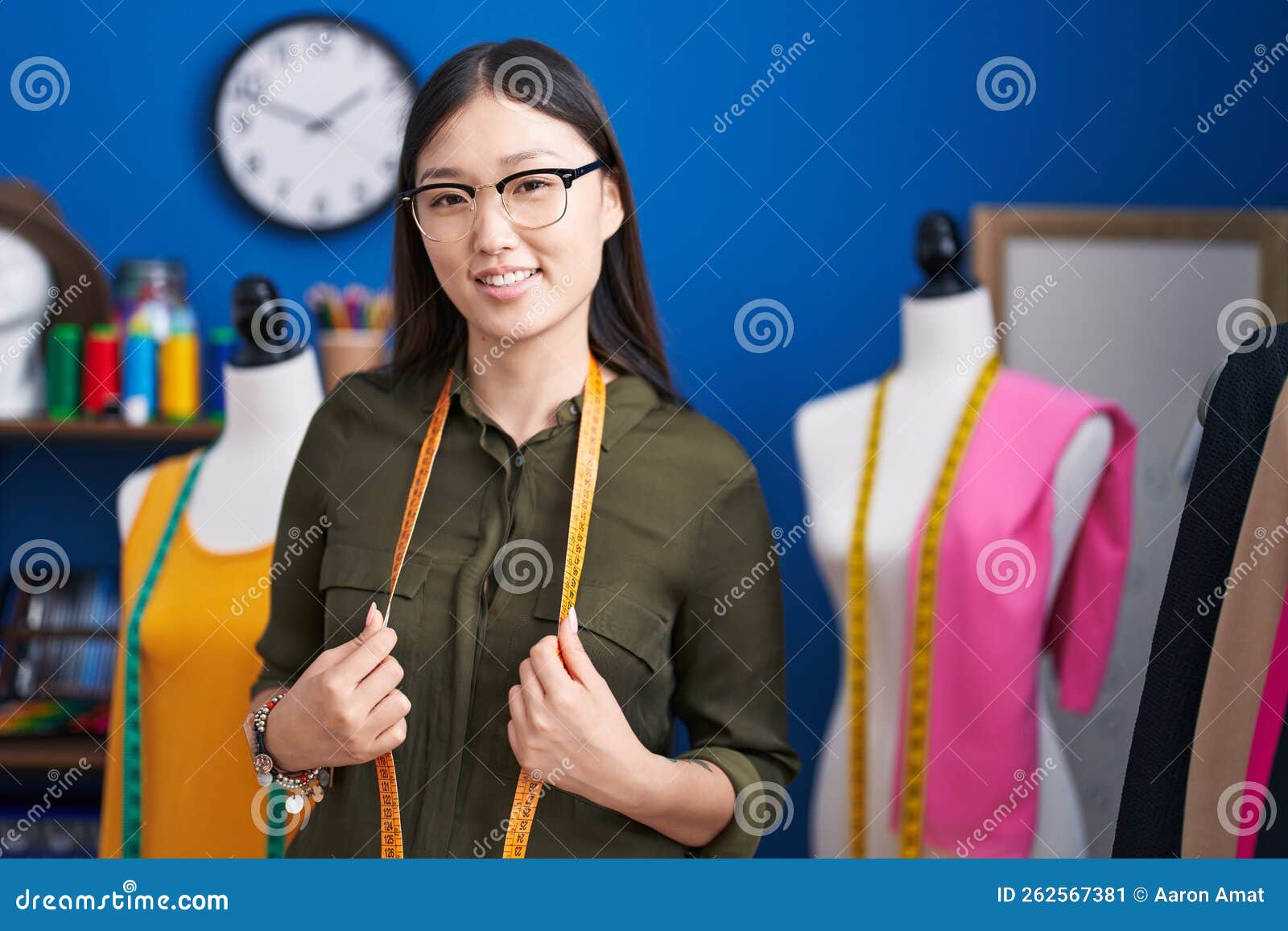 Chinese Woman Tailor Smiling Confident Standing at Sewing Studio Stock ...