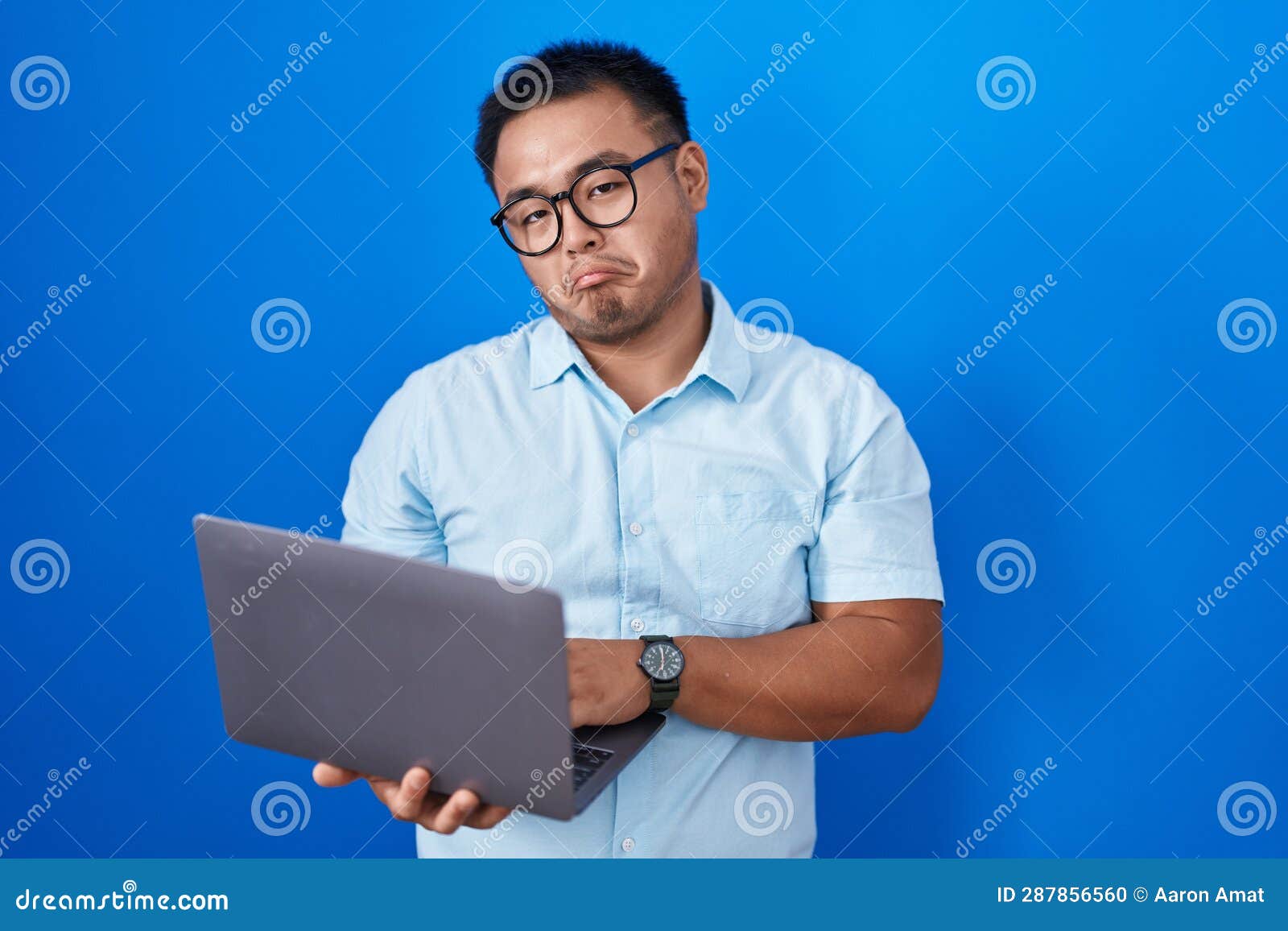 Chinese Young Man Using Computer Laptop Depressed and Worry for ...