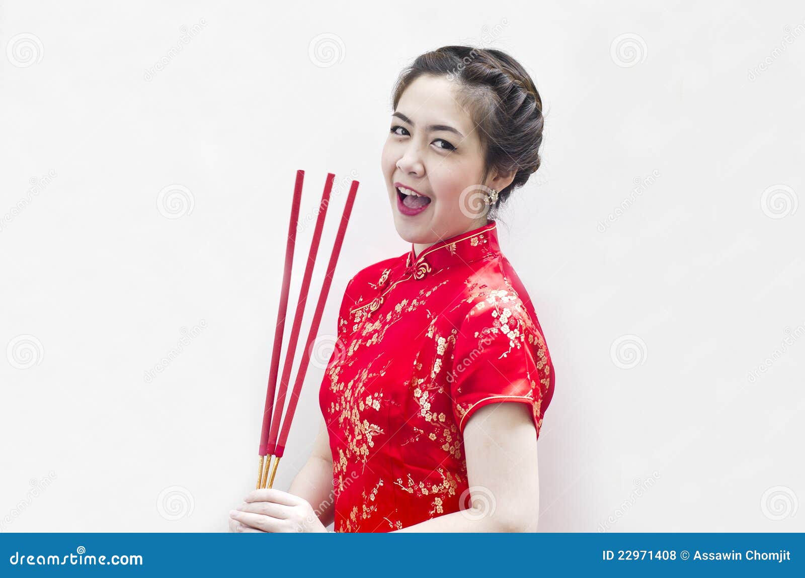 Chinese Young Woman Holding Joss Sticks Stock Photo - Image of dress ...