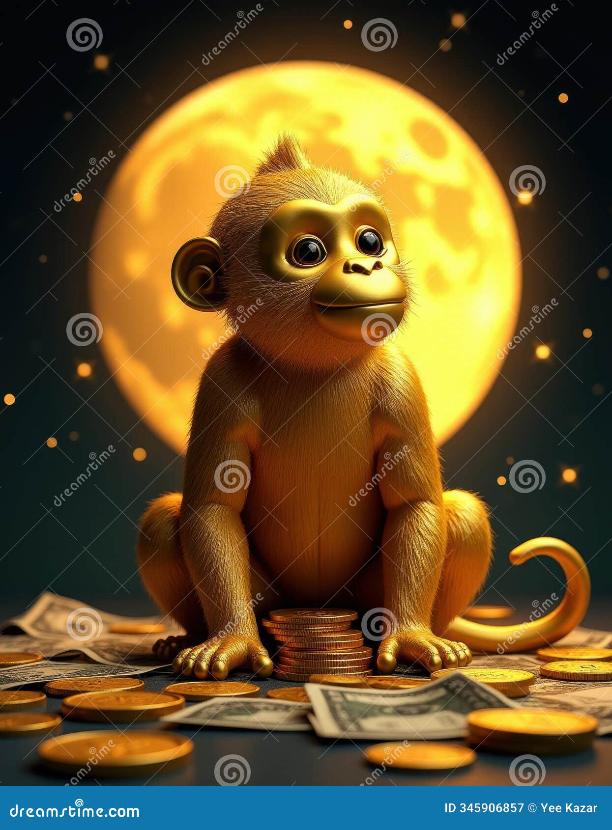 Chinese Zodiac Golden Monkey and Coins Under the Moon Stock ...