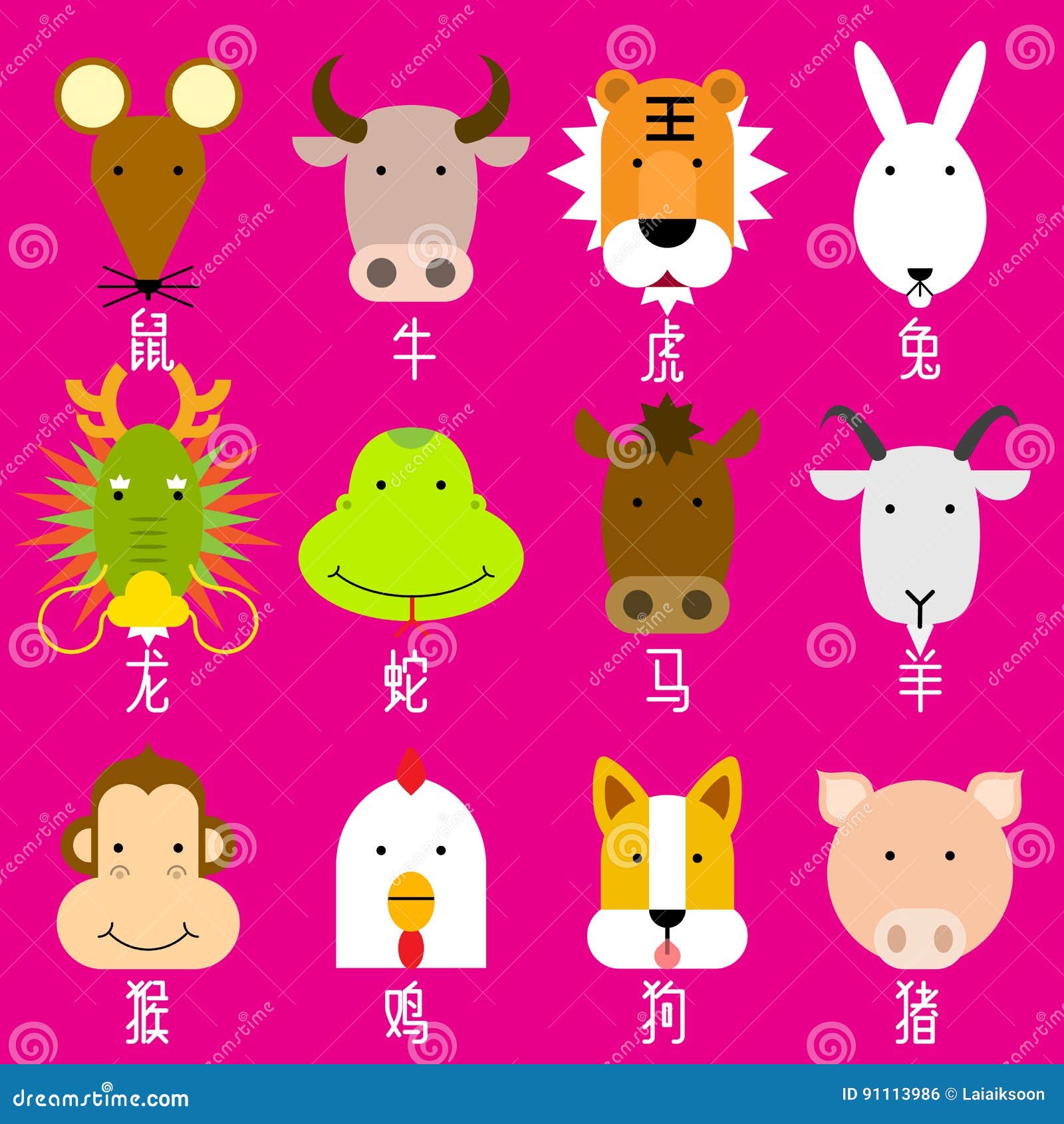 12 Chinese zodiac icon set stock vector. Illustration of flat - 91113986