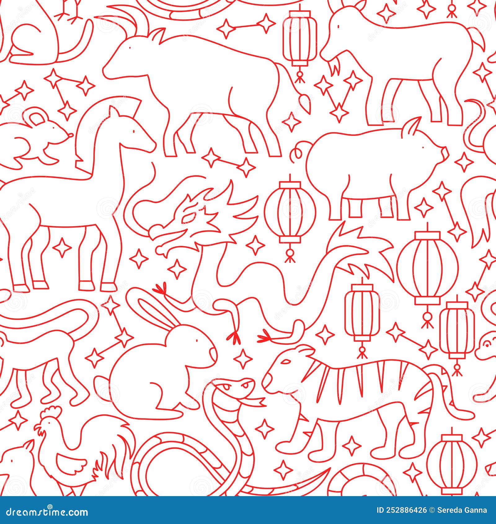 Chinese Zodiac Line Seamless Pattern Stock Vector - Illustration of ...