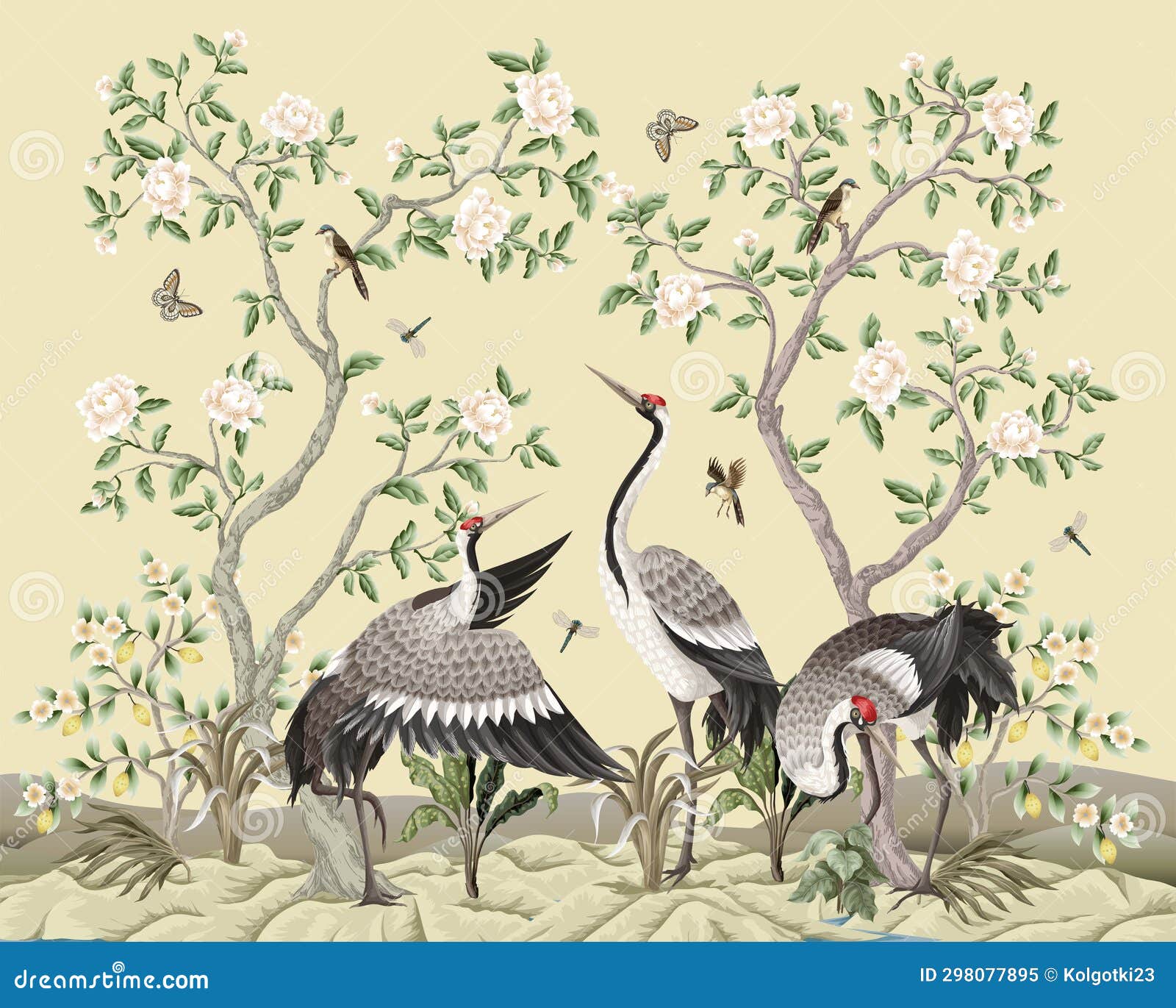 Chinoiserie Wallpaper with Peonies Trees and Dancing Crenies. Vector ...