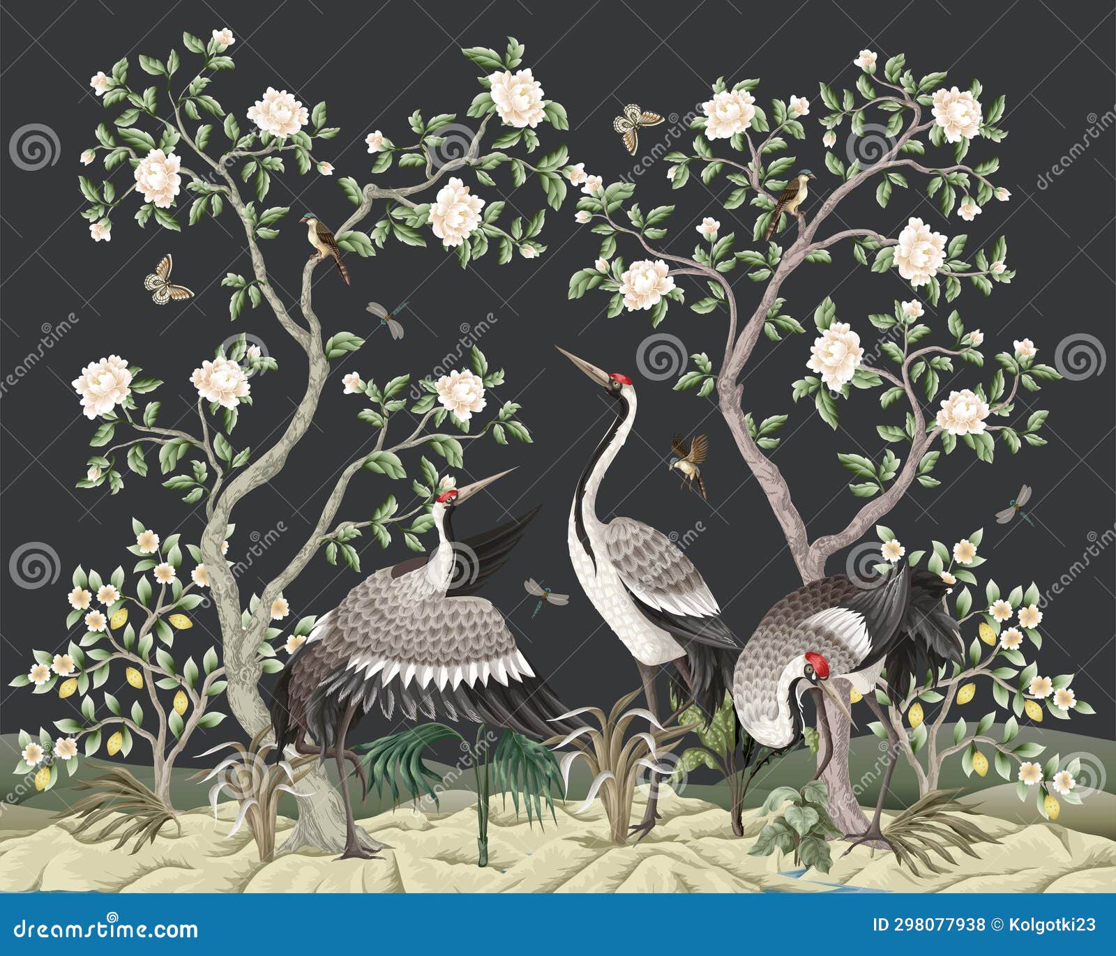Chinoiserie Wallpaper with Peonies Trees and Dancing Crenies. Vector ...