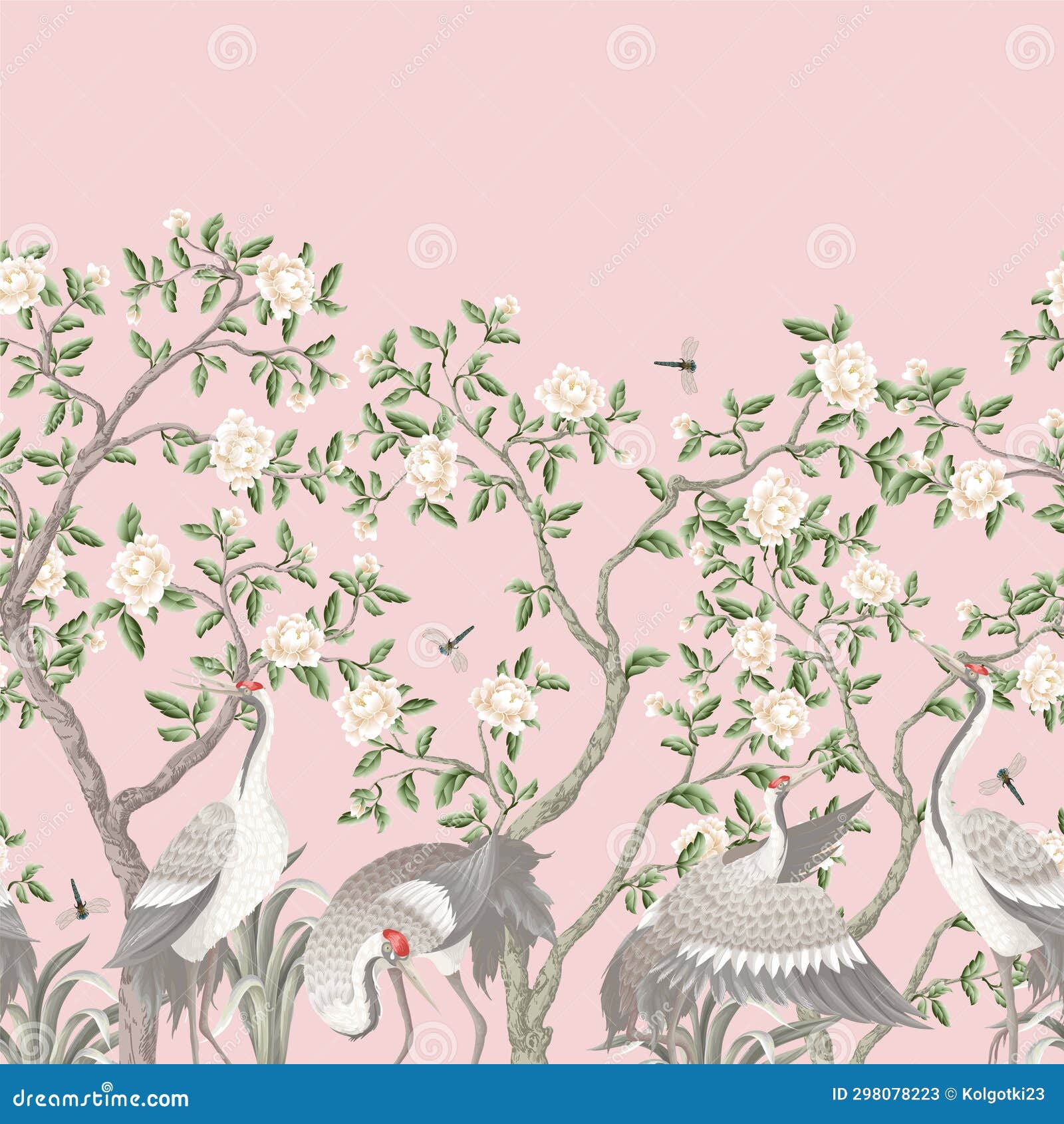 Chinoiserie Wallpaper with Peonies Trees and Dancing Crenies. Vector ...