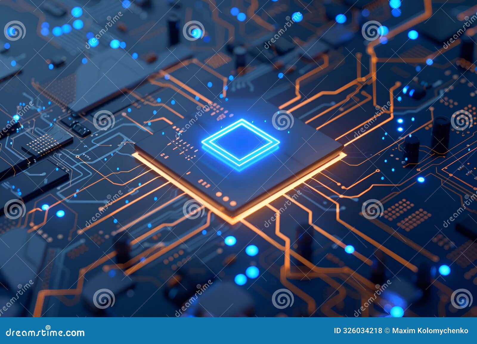 A Chip with Glowing Blue Light Bulbs on a Printed Circuit Board Stock ...