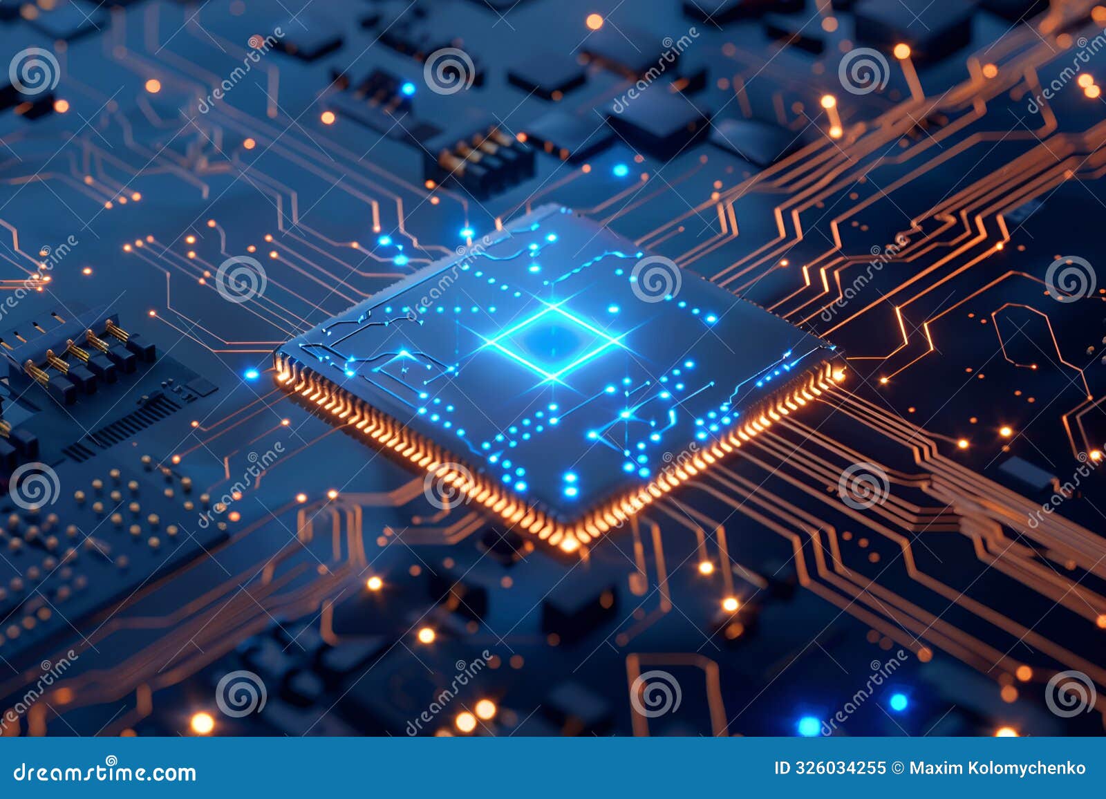 A Chip with Glowing Blue Light Bulbs on a Printed Circuit Board Stock ...