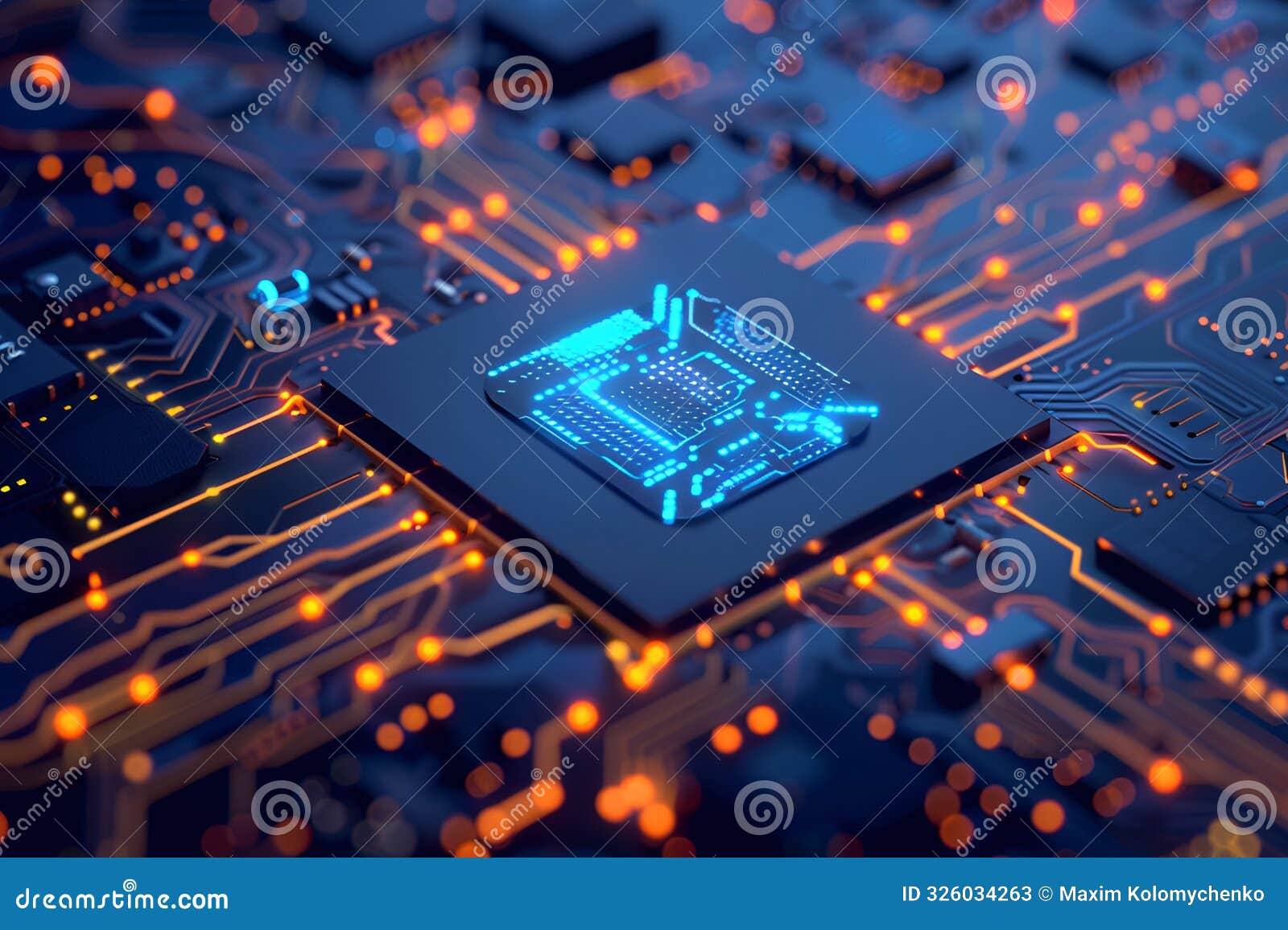 A Chip with Glowing Blue Light Bulbs on a Printed Circuit Board Stock ...