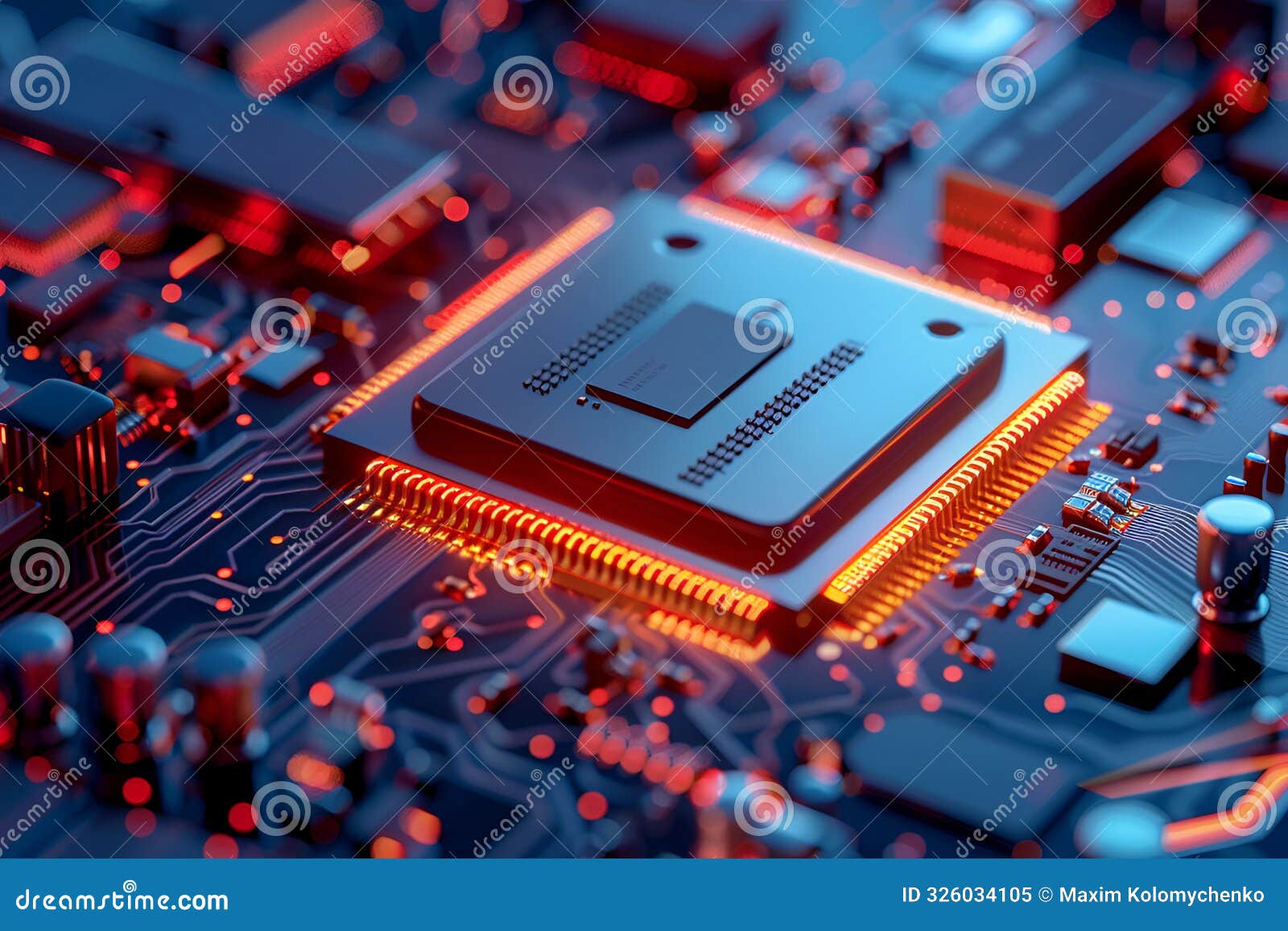 A Chip with Glowing Blue Light Bulbs on a Printed Circuit Board Stock ...
