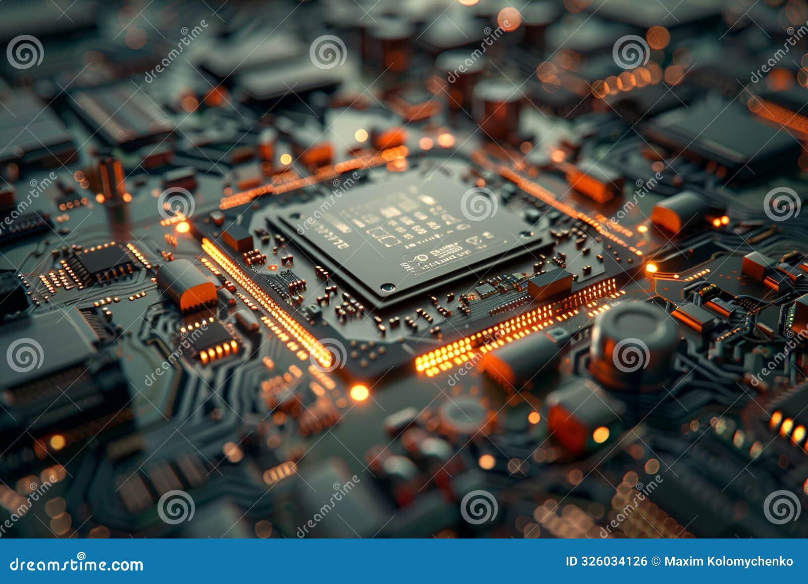 A Chip with Glowing Blue Light Bulbs on a Printed Circuit Board Stock ...
