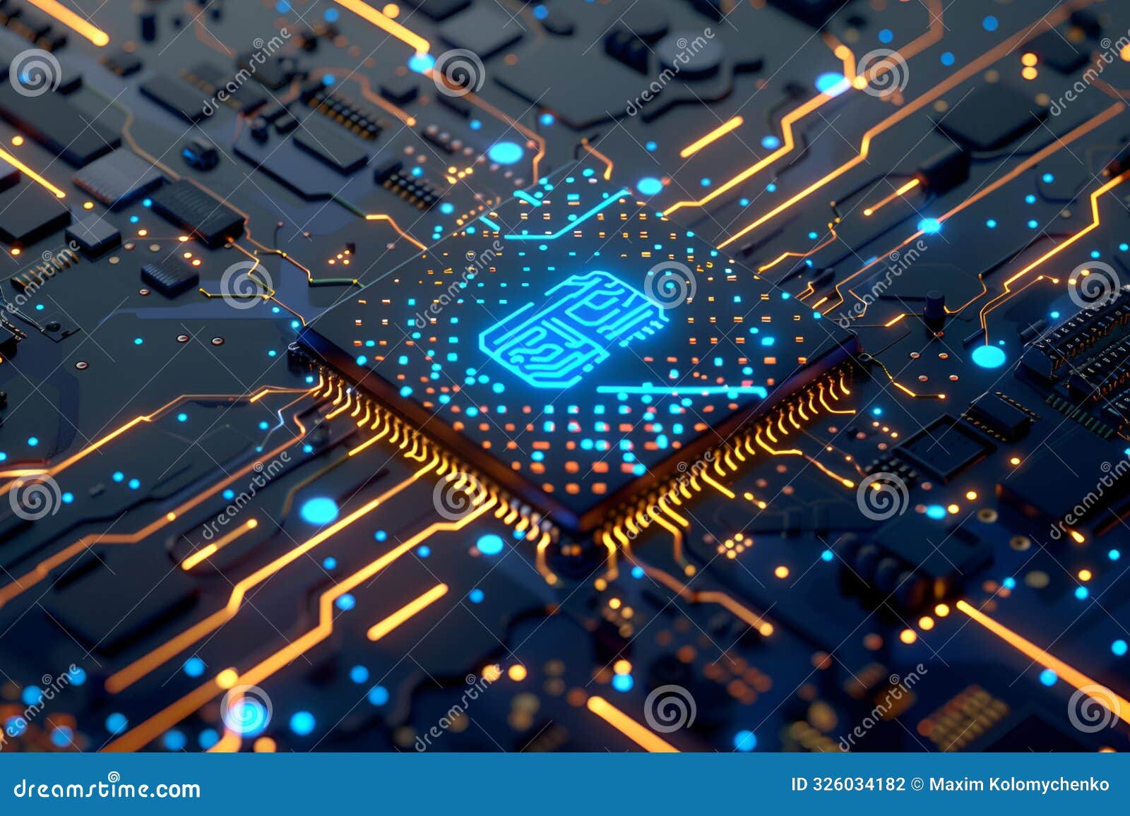 A Chip with Glowing Blue Light Bulbs on a Printed Circuit Board Stock ...