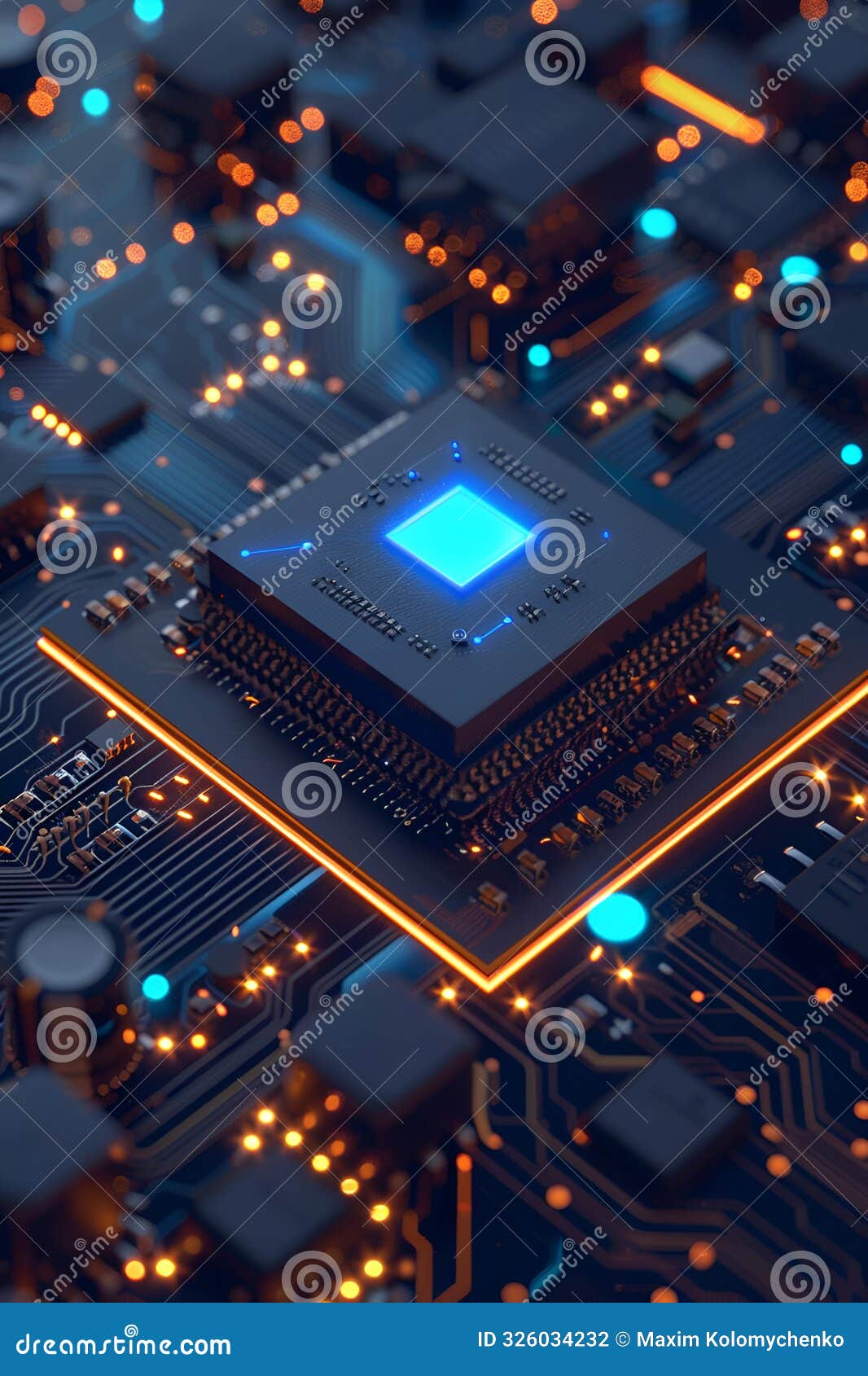 A Chip with Glowing Blue Light Bulbs on a Printed Circuit Board Stock ...