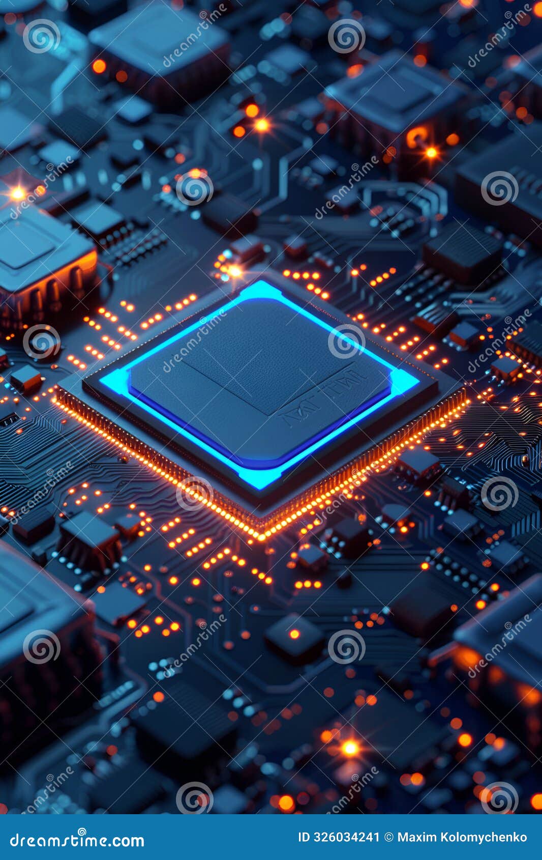 A Chip with Glowing Blue Light Bulbs on a Printed Circuit Board Stock ...