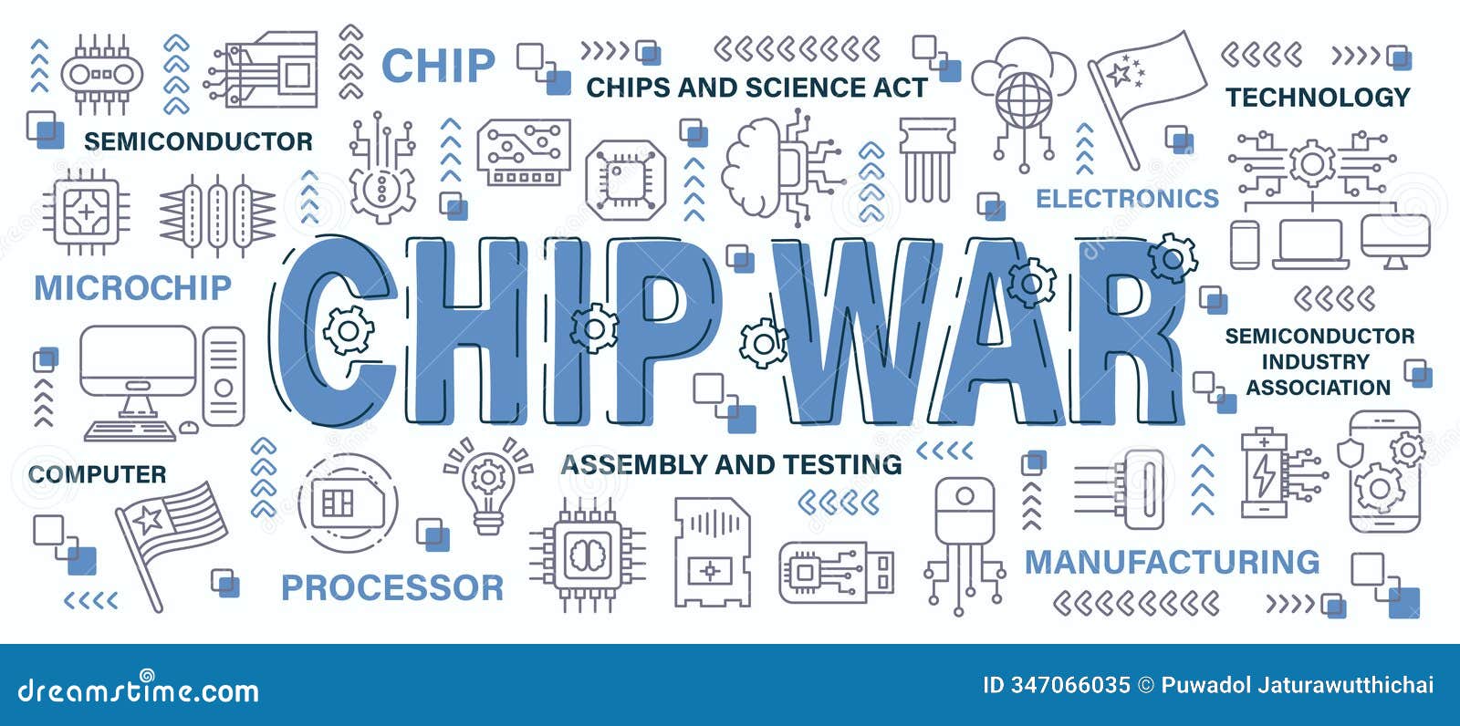 Chip War . Semiconductor Concept . Word with Line Icon Art Banner Style ...