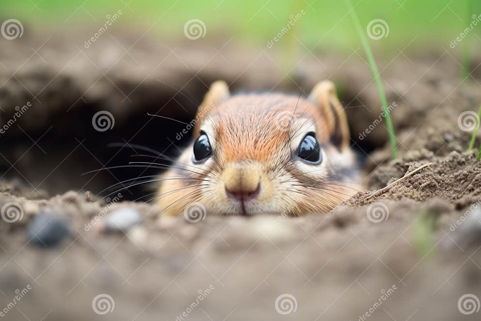 Chipmunk with Cheeks Full Near Hole in Ground Stock Image - Image of ...