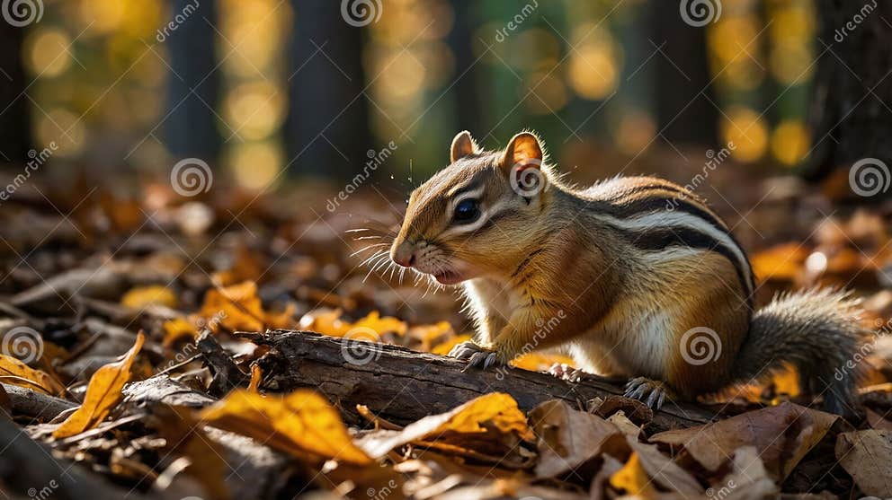 A Chipmunk Foraging among Autumn Leaves in a Forest Setting Stock ...