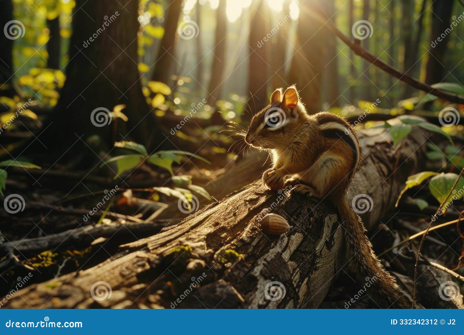 Chipmunk on a Log in a Sunlit Forest, Holding an Acorn with Light ...