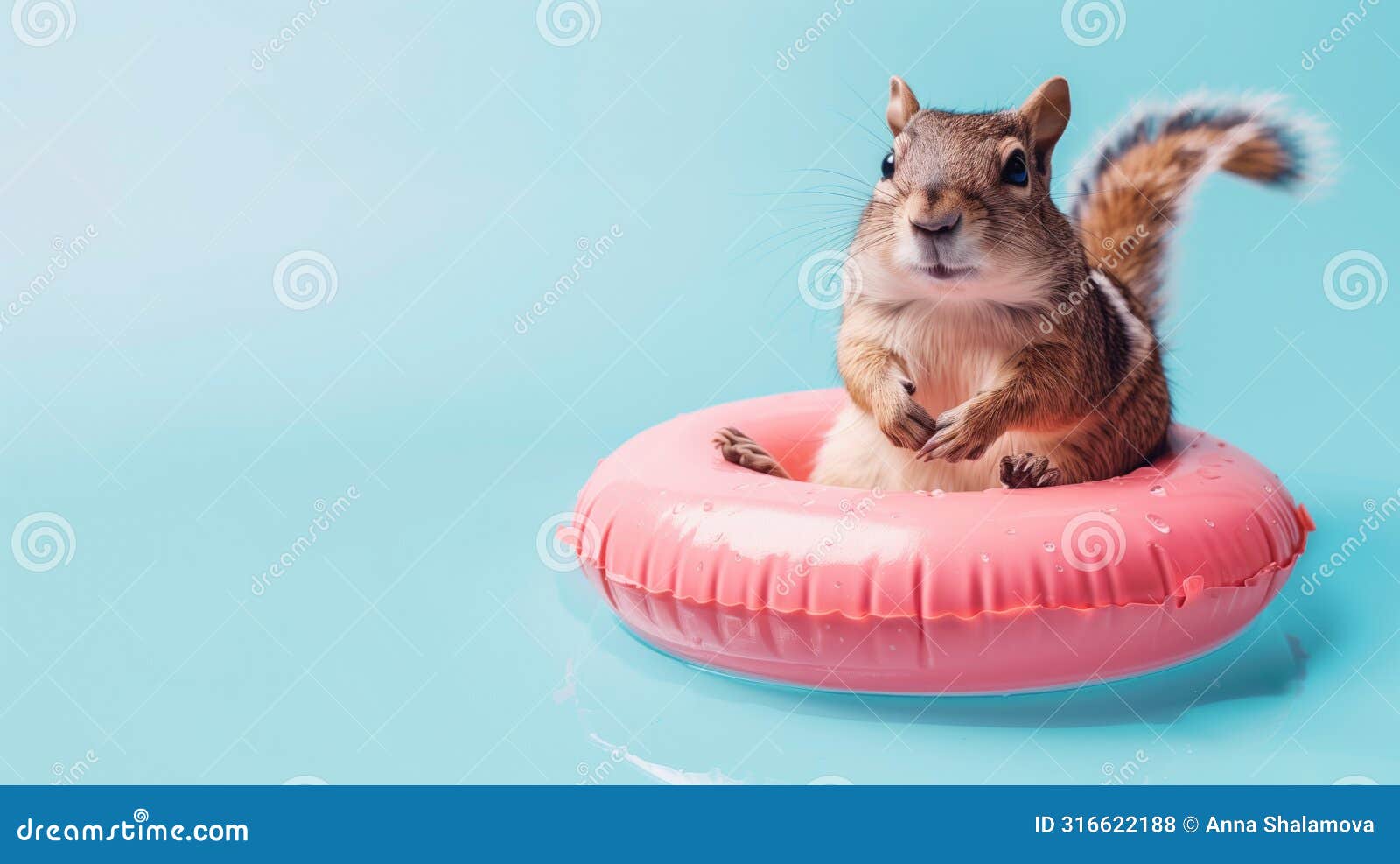 Chipmunk Sitting on a Pink Pool Float in Blue Water, Looking Curious ...