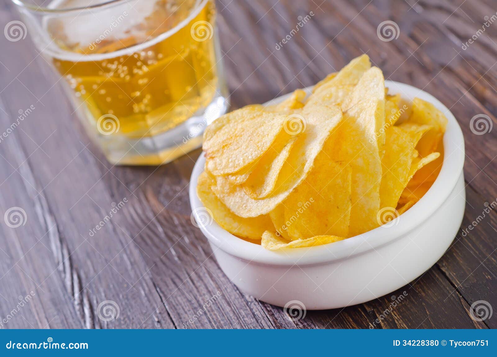 Chips and beer stock photo. Image of foam, brewery, glass - 34228380
