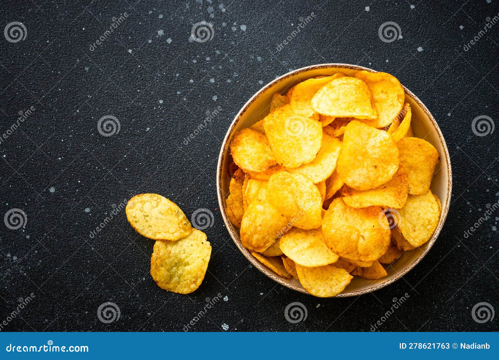 Potato Chips and Ketchup on Black Table. Top View. Stock Image - Image ...