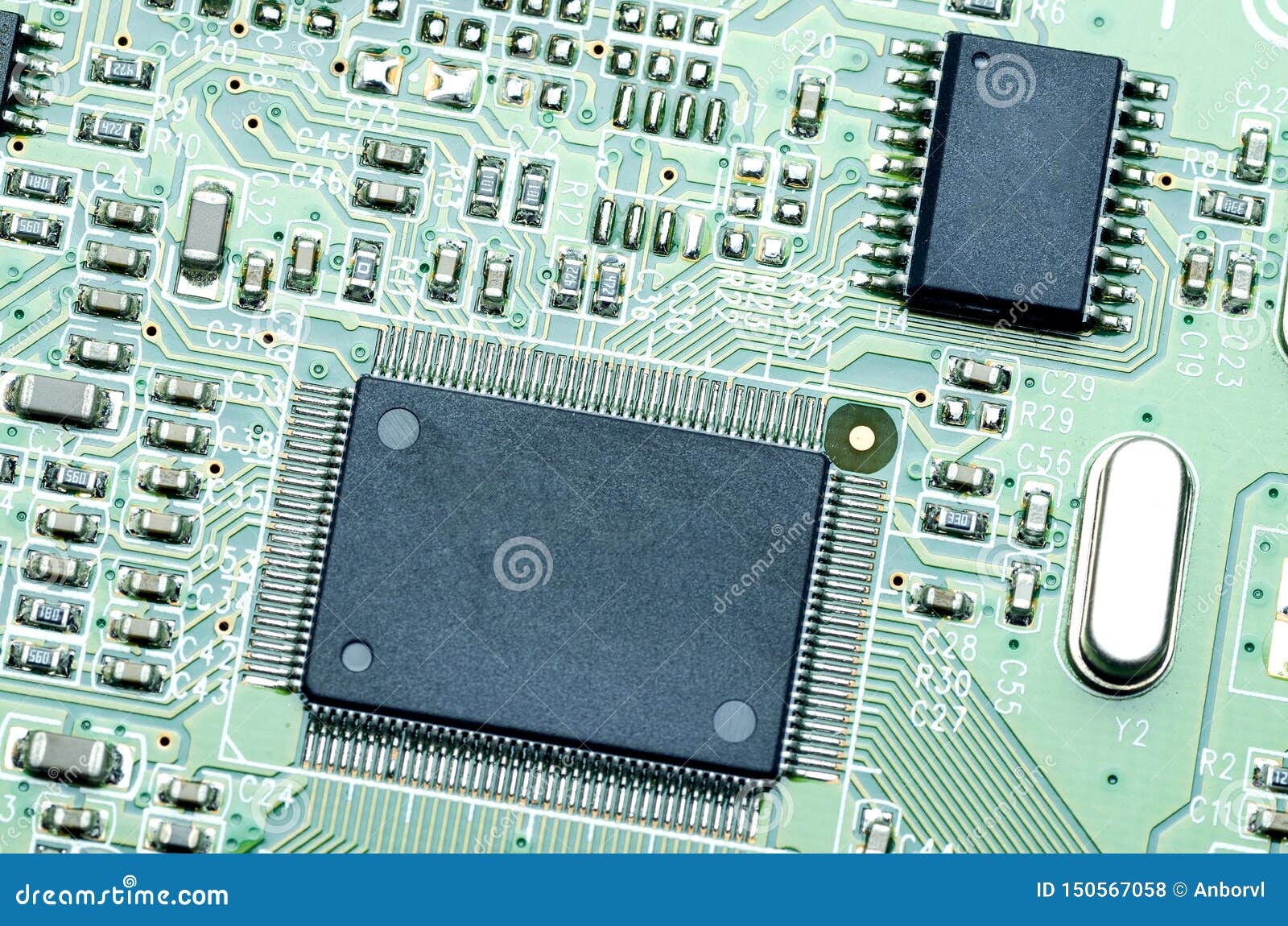 Chips and Components on the Green Printed Circuit Board Stock Photo ...