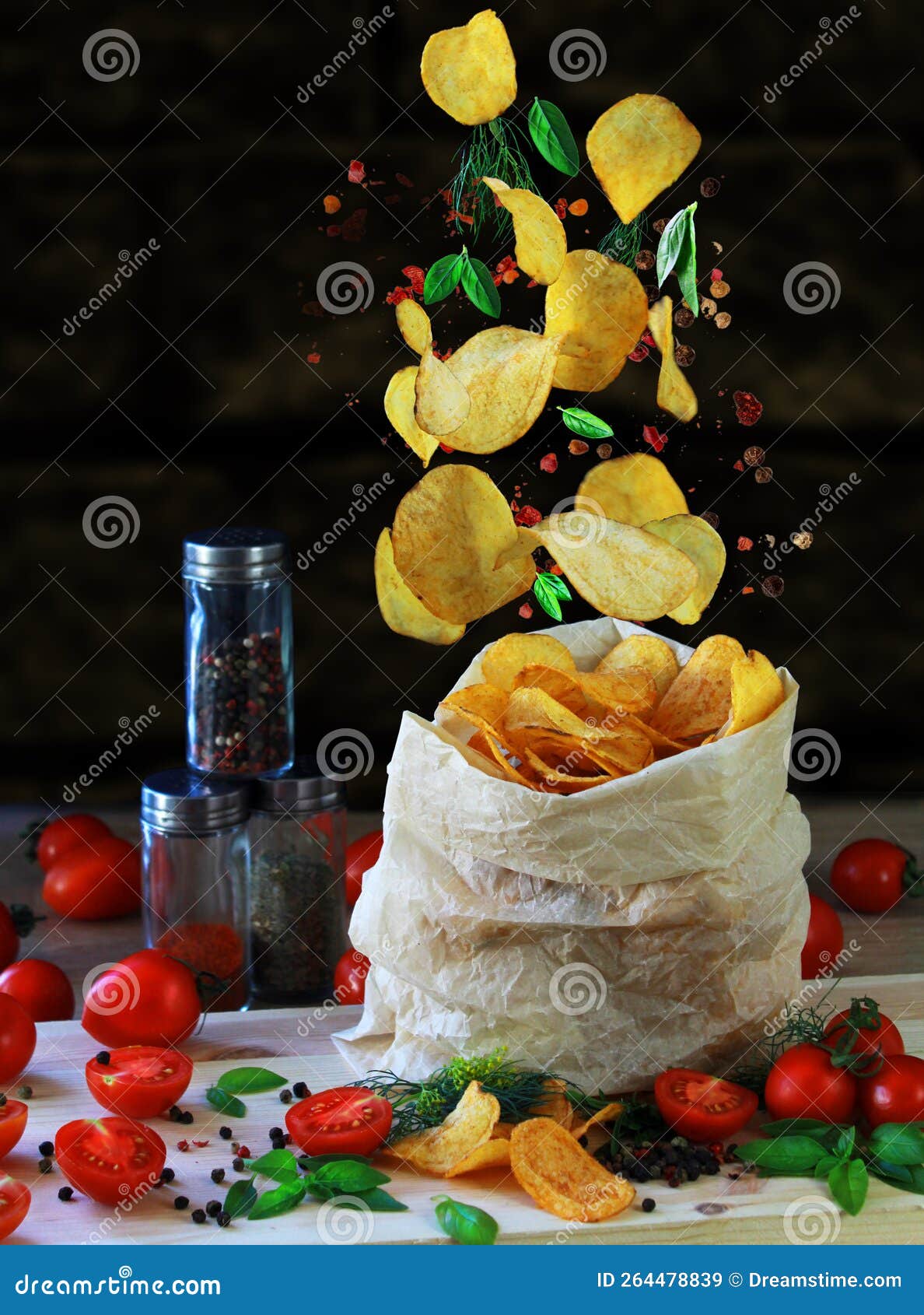 Chips Fall into a Paper Bag Stock Image - Image of basil, calories ...
