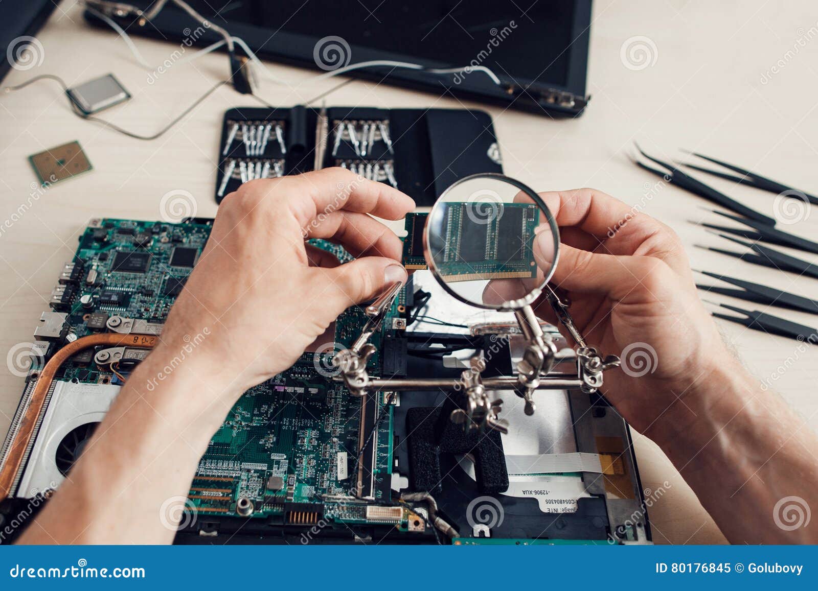 Chips Inspecting through Magnifier, Repairman Pov Stock Image - Image ...