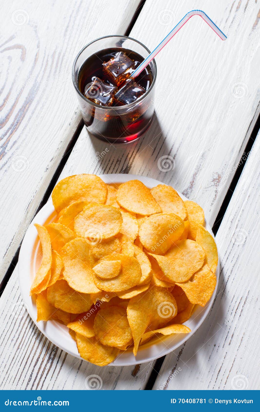 Chips on plate and cola. stock image. Image of energy - 70408781
