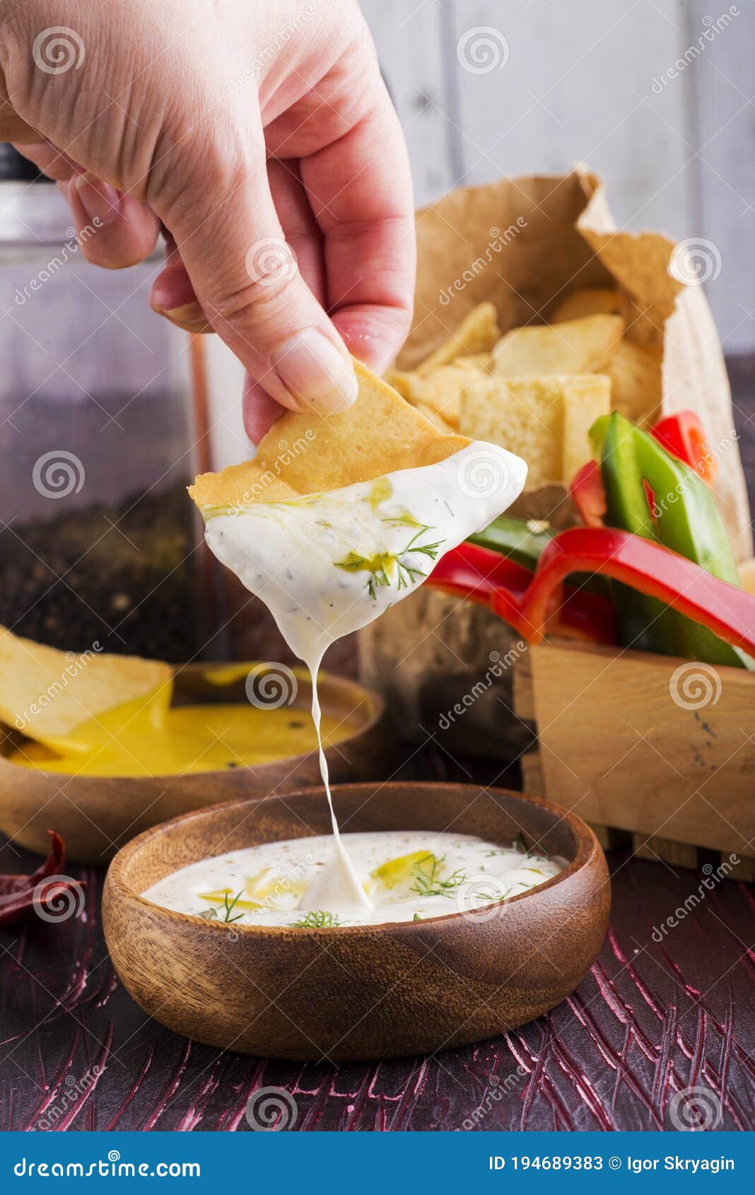 Chips and sauce close up stock image. Image of appetizer - 194689383