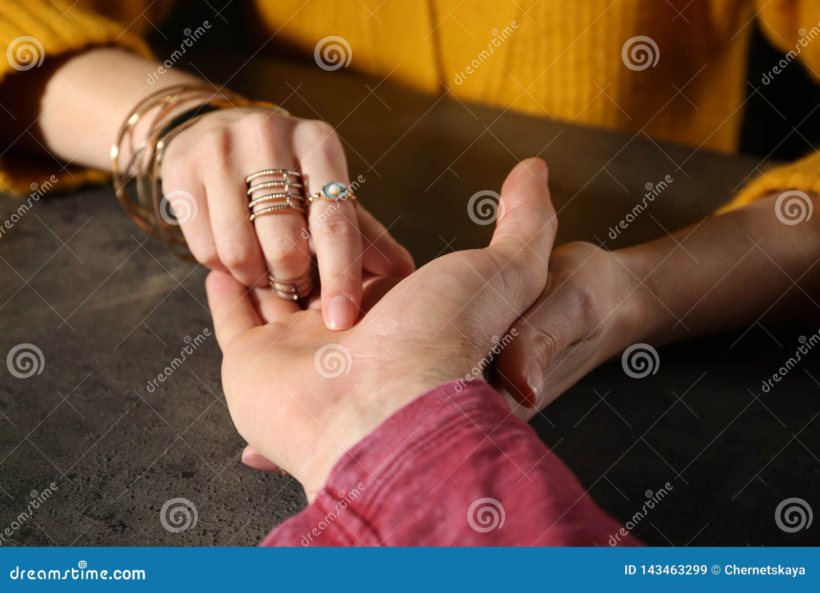 Chiromancer Reading Lines on Man`s Palm at Table Stock Image - Image of ...