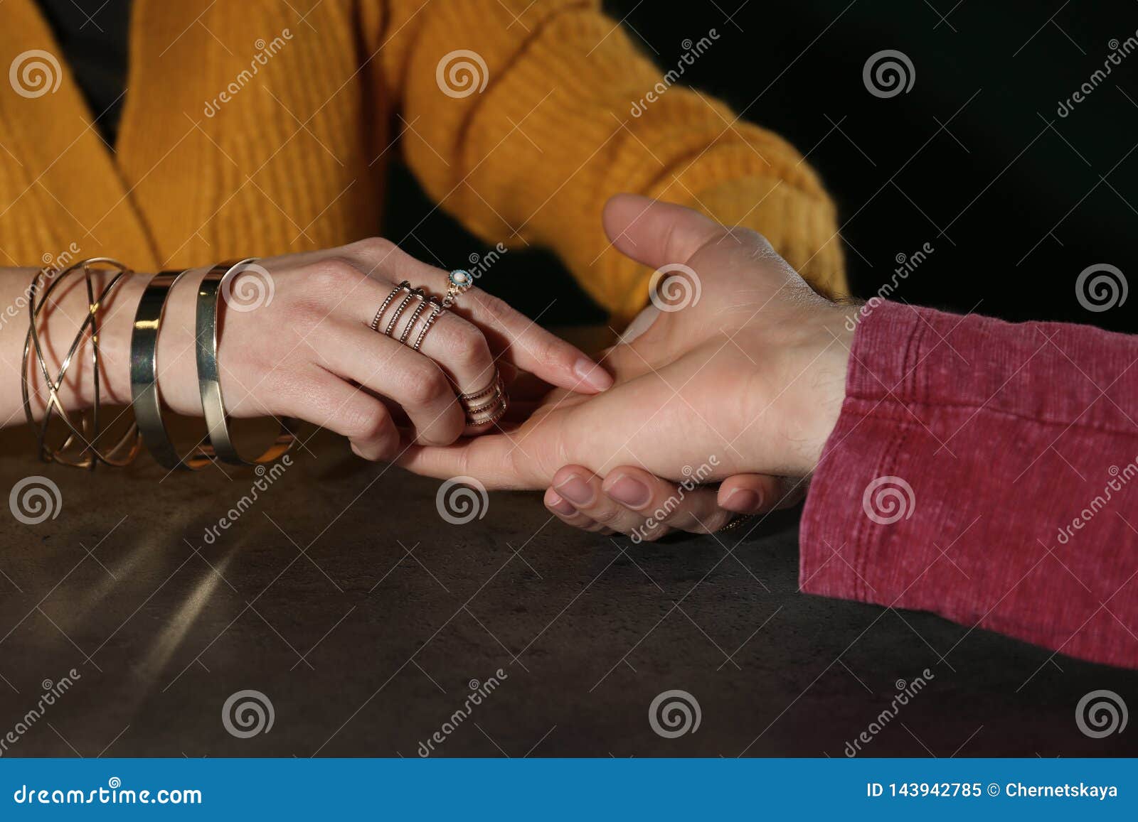 Chiromancer Reading Lines on Man`s Palm at Table Stock Image - Image of ...