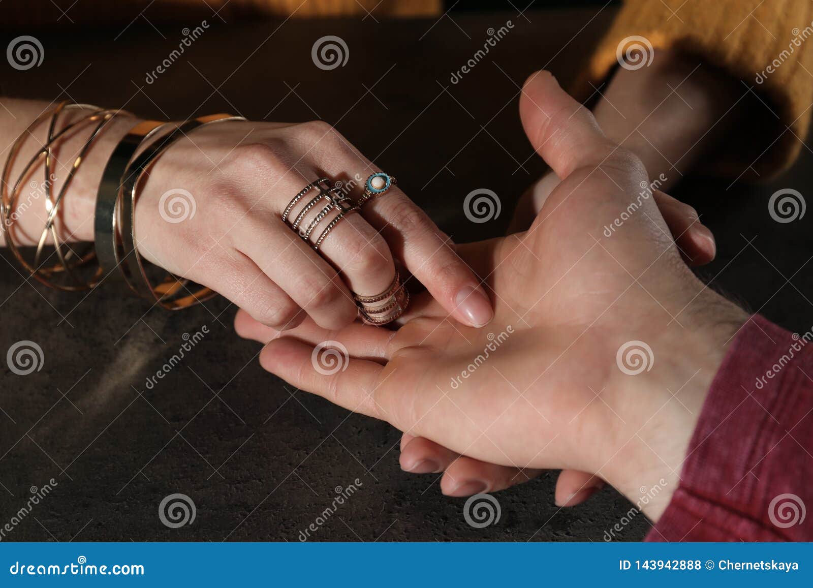 Chiromancer Reading Lines on Man`s Palm at Table Stock Photo - Image of ...