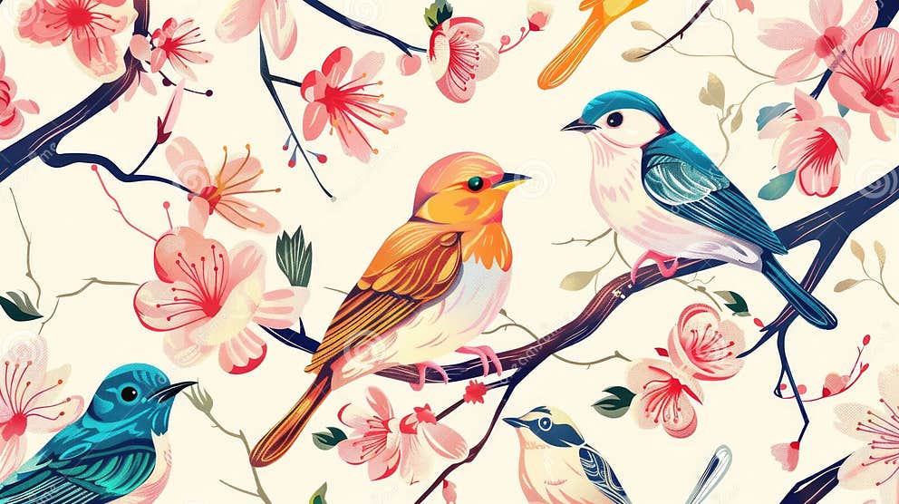 Chirping Spring Birds Pattern Stock Image - Image of wildlife, digital ...
