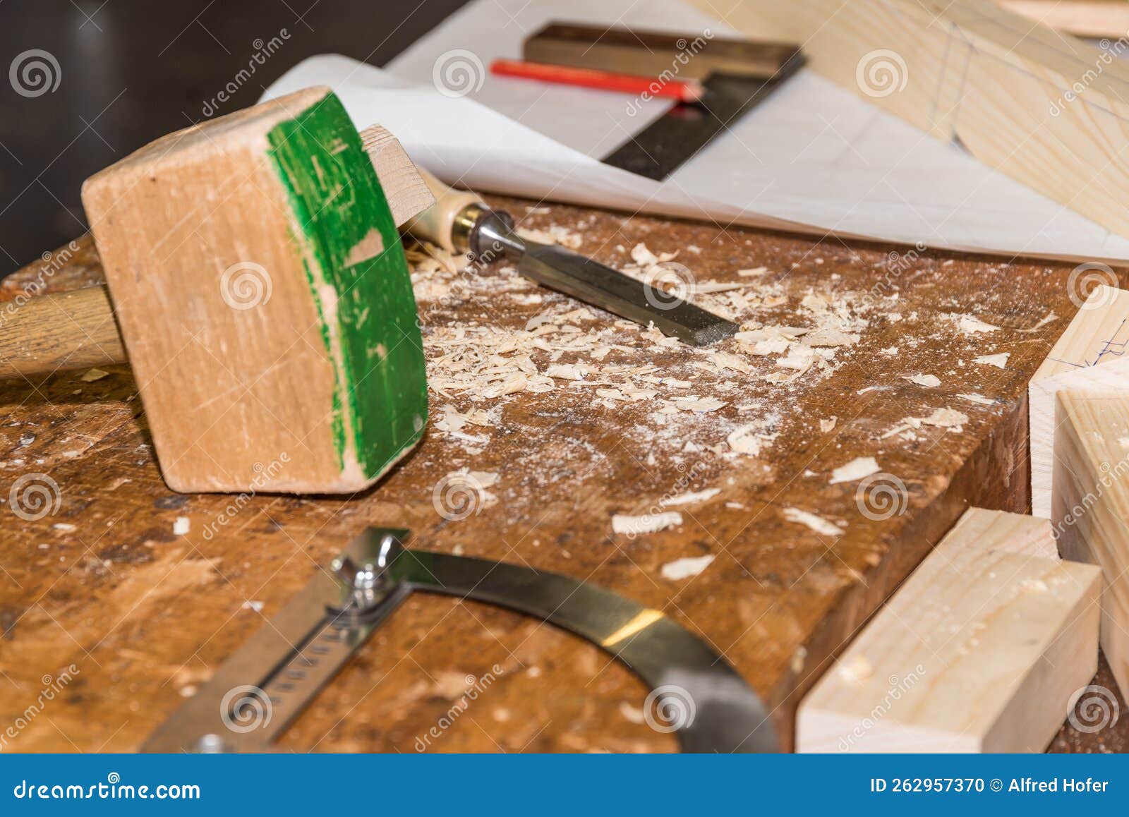 Chisel, Mallet and Angle Iron in Wood Workshop Stock Photo - Image of ...