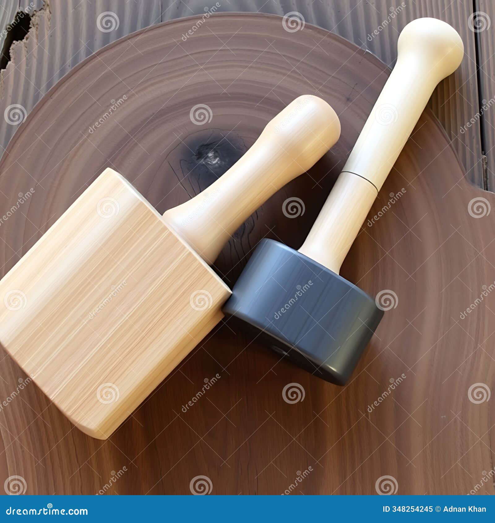 Chisel and Mallet Placed Side by Side on a Piece of Dark Oak Wood with ...