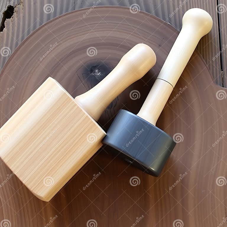 Chisel and Mallet Placed Side by Side on a Piece of Dark Oak Wood with ...